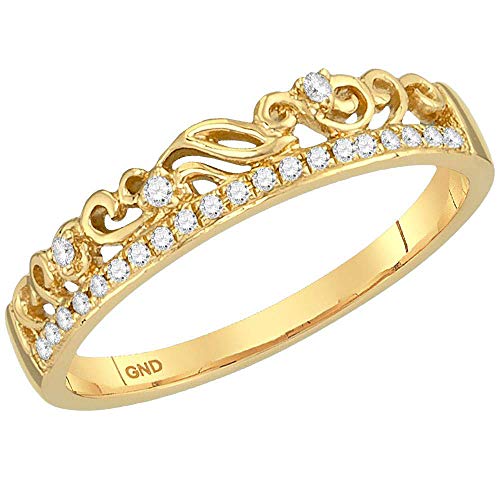 Solid 10k Yellow Gold Round Diamond Floral Accent Stackable Band Engagement Wedding Anniversary Ring 1/12 Ct. - Size 5