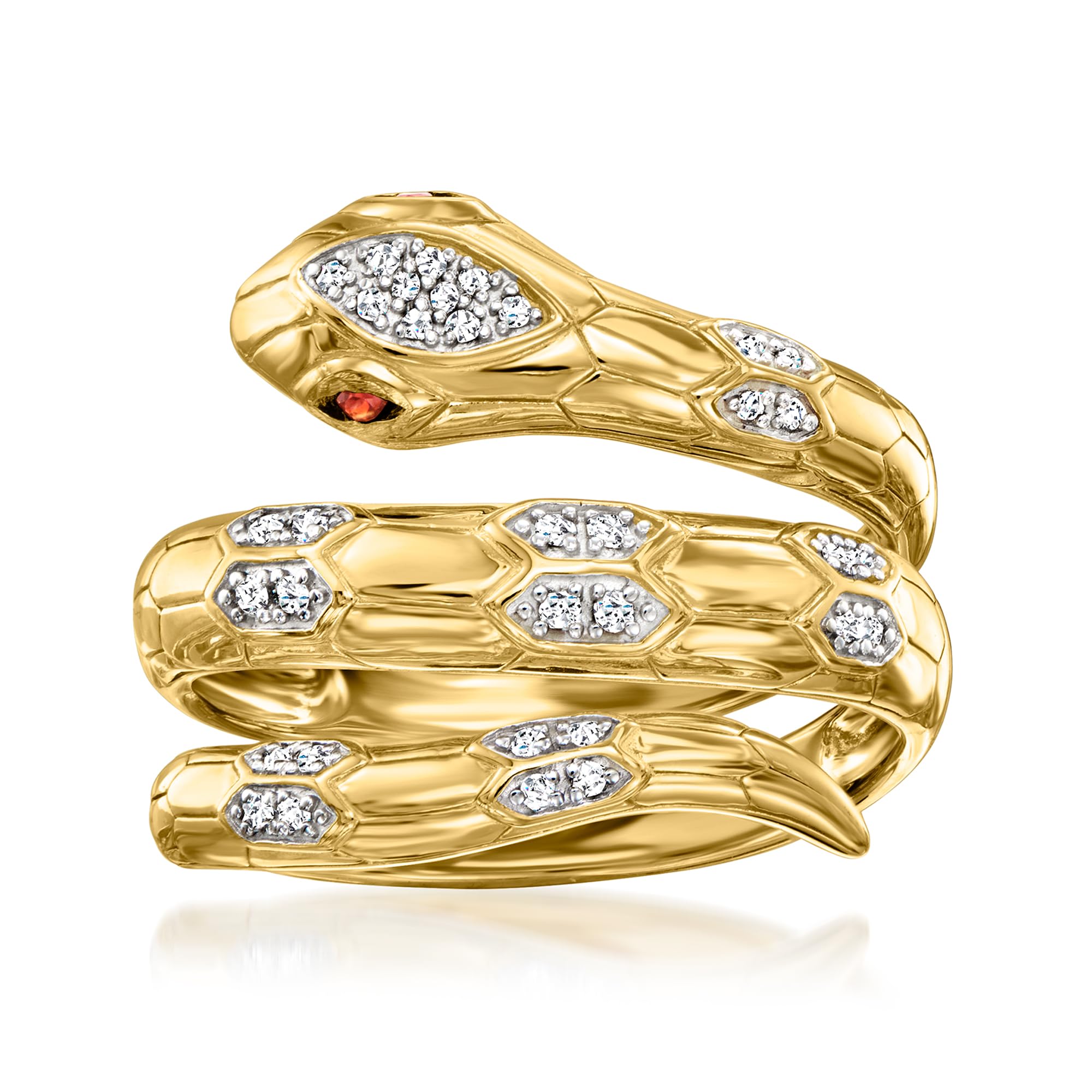 Ross-Simons 0.10 ct. t.w. Diamond Snake Wrap Ring With Garnet Accents in 18kt Gold Over Sterling. Size 10