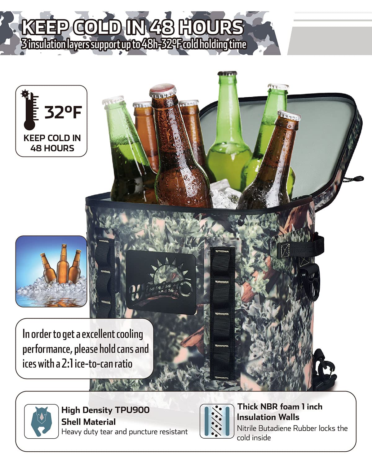 WINNINGO 36 Can Soft Cooler Backpack, Portable Large Waterproof Insulated Camping Soft Sided Cooler Bag with Leakproof Zipper & Duraflex Buckles, Keeps Ice Cold for Days (Journey 36 Camo)