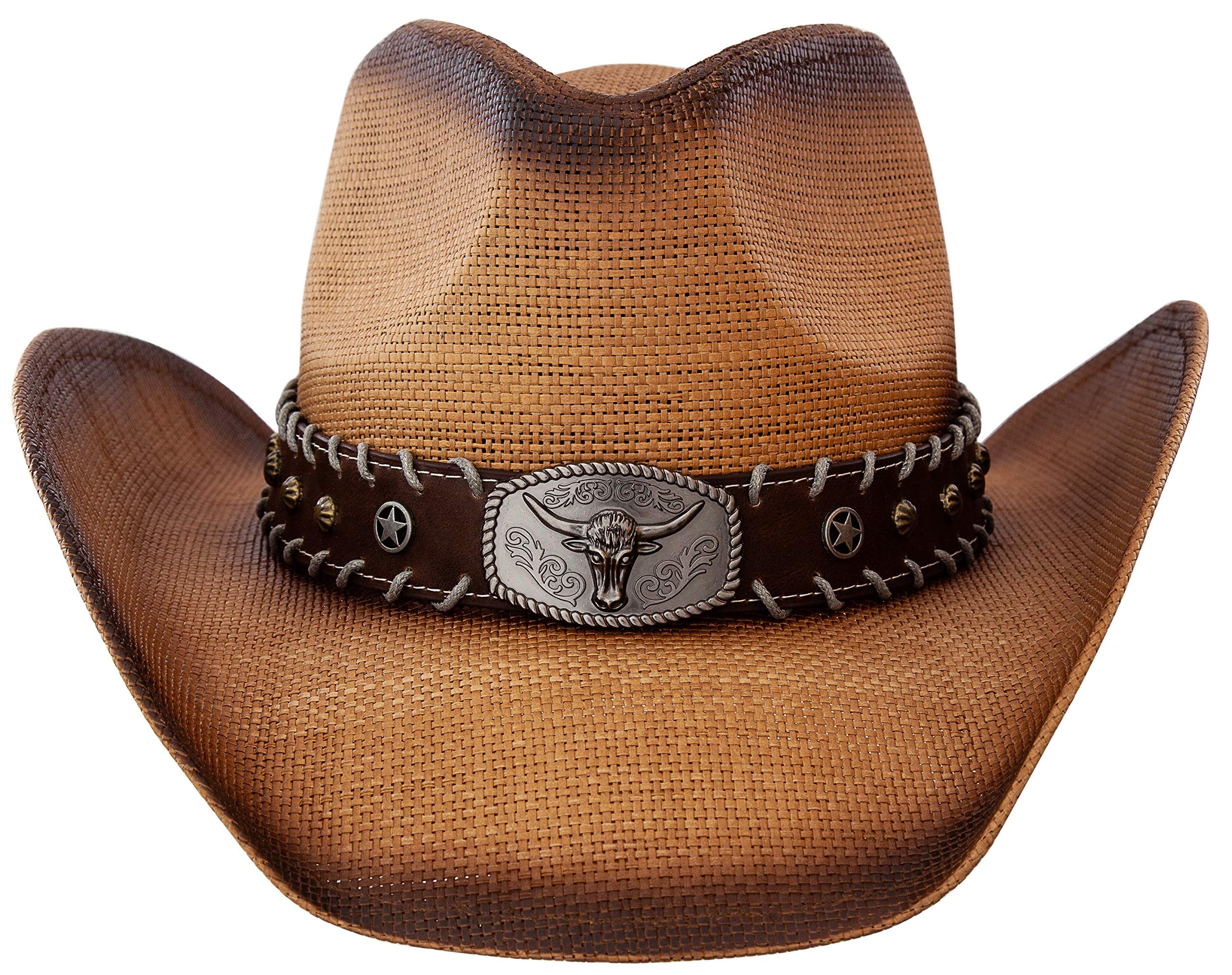Queue Essentials Men & Women's Woven Straw Cowboy Cowgirl Hat Western Outback w/Wide Brim (Long Horn)