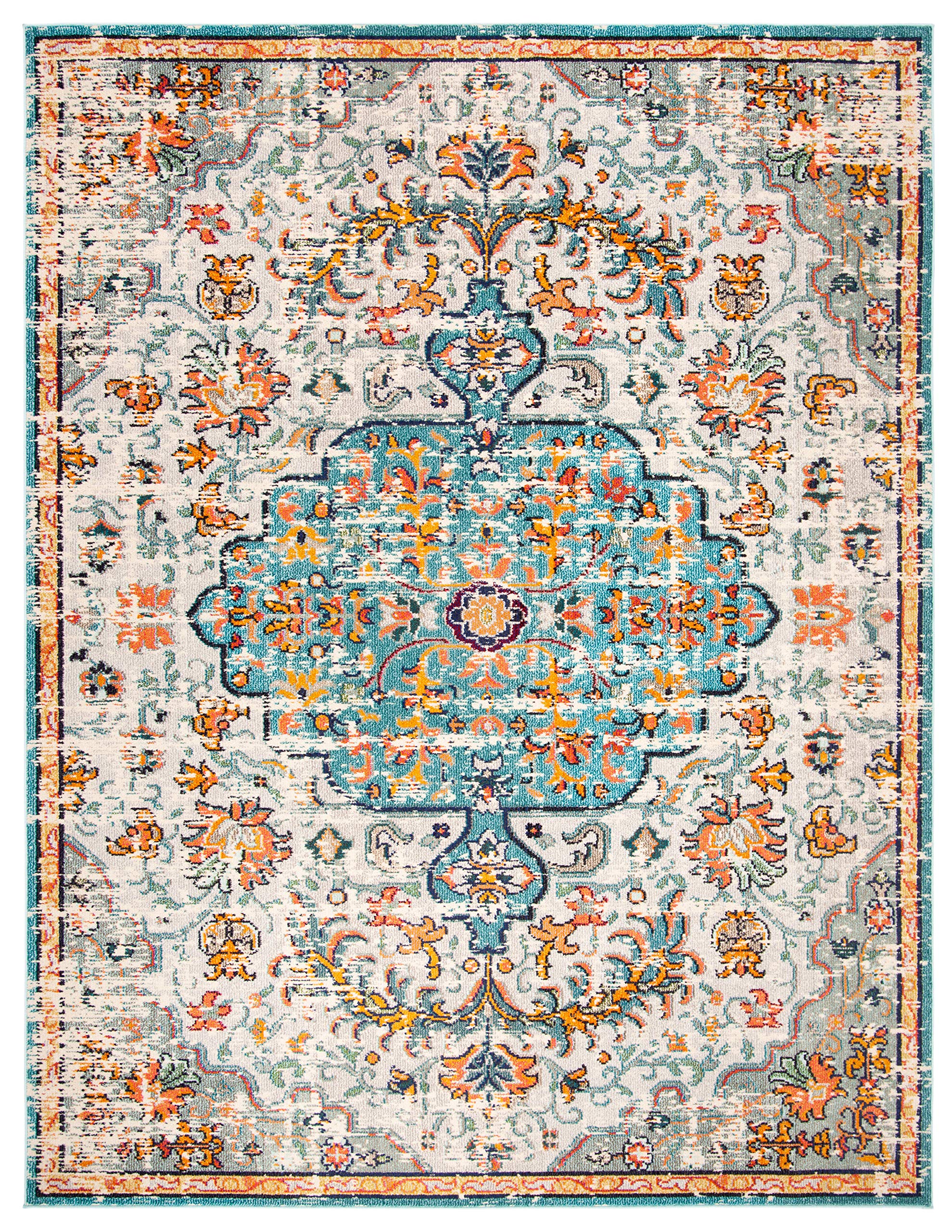 SAFAVIEH Madison Collection Area Rug - 8' x 10', Grey & Light Blue, Boho Chic Medallion Distressed Design, Non-Shedding & Easy Care, Ideal for High Traffic Areas in Living Room, Bedroom (MAD447F)