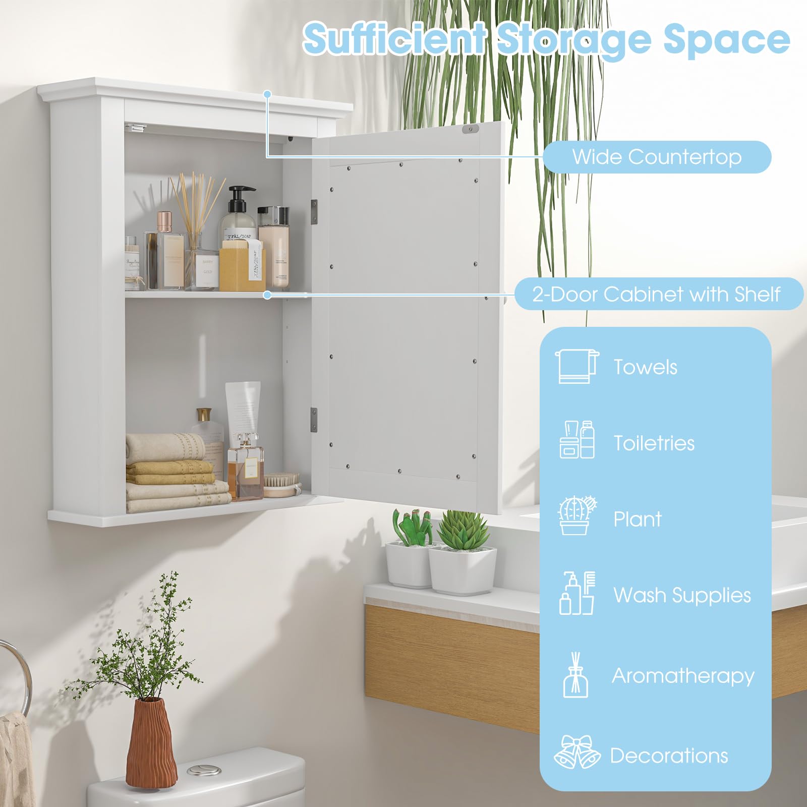 Safeplus White Medicine Cabinet with Mirror, Wall Mounted Adjustable Storage for Bathroom, Living Room, Bedroom, Entryway and Kitchen