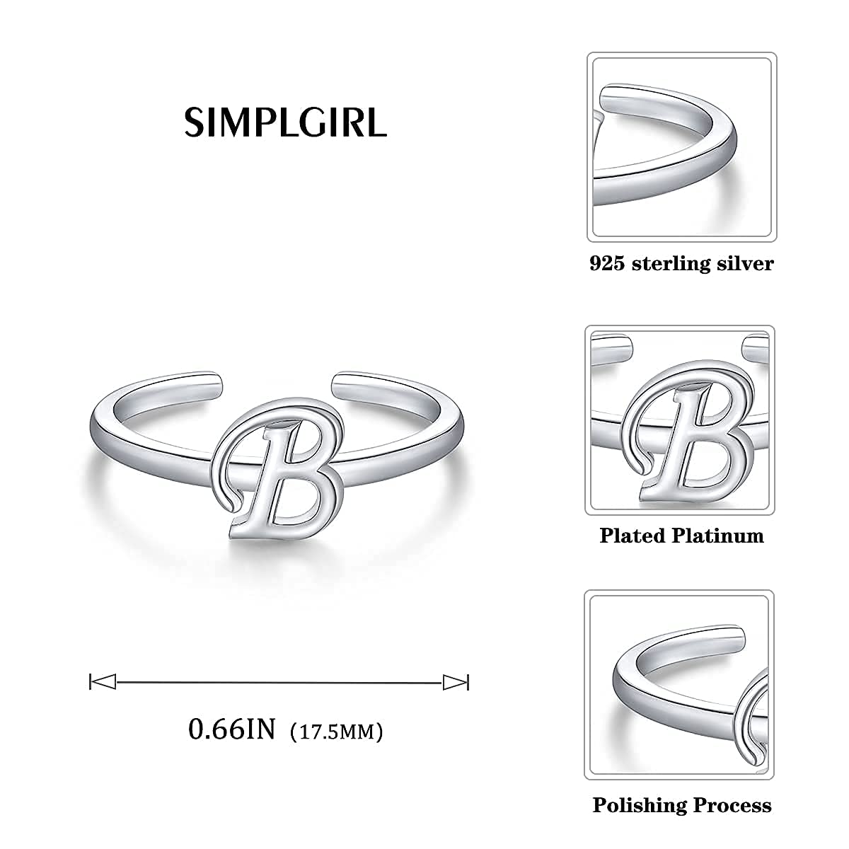 SIMPLGIRL 925 Sterling Silver Initial Ring for Women Adjustable Letter Ring Stackable A-Z Alphabet Rings Finger Rings Gifts