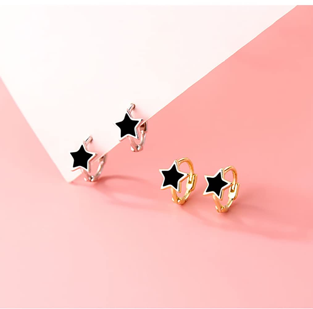 Reffeer Solid 925 Sterling Silver Black Star Huggie Earrings Hoops for Women Small Star Hoop Earrings Cartilage Helix Earrings (B-18K Gold)