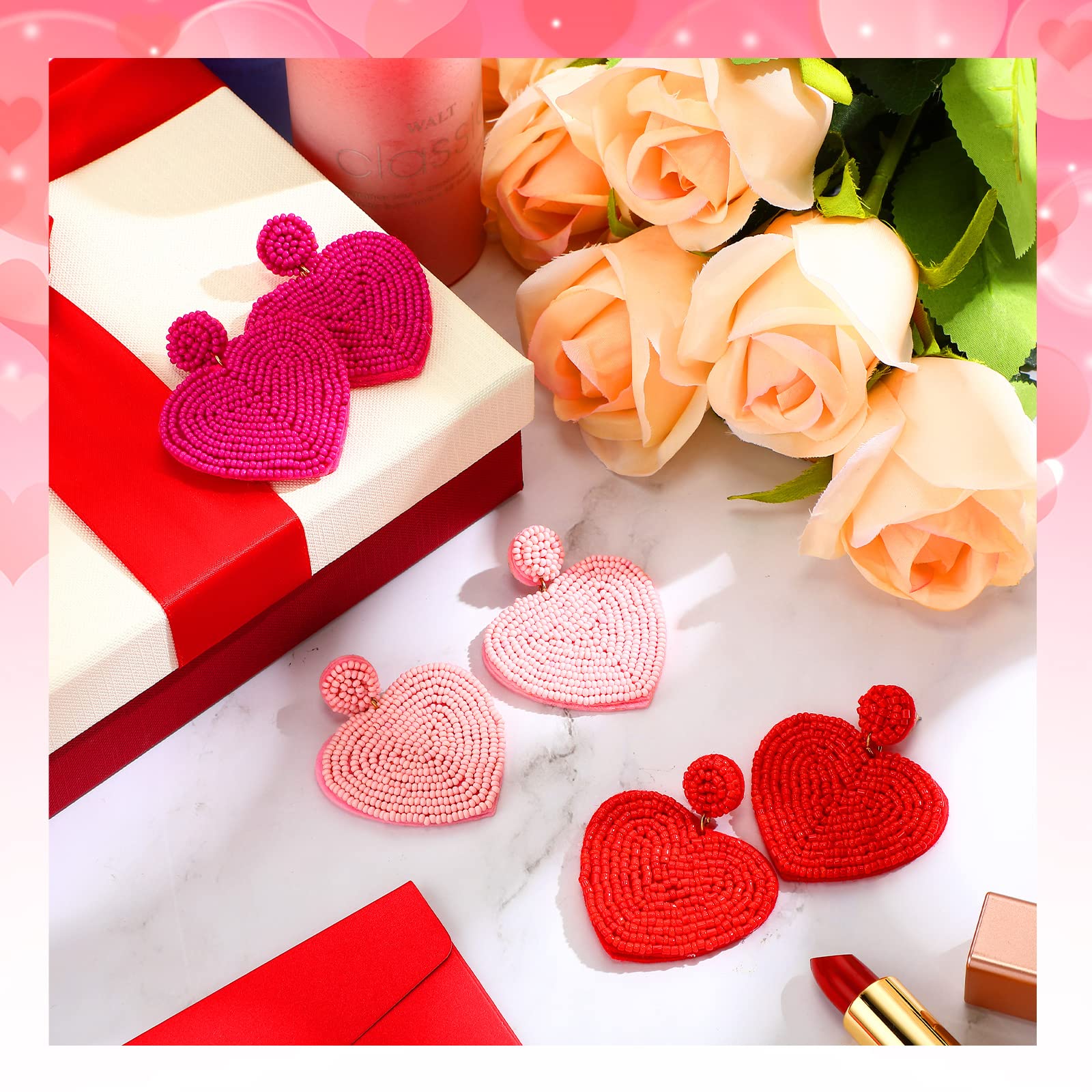 Valentine's Day Heart Earrings 3 Pairs Heart Beaded Earrings Statement Drop Earrings Handmade Seed Bead Heart Earrings (Pure)