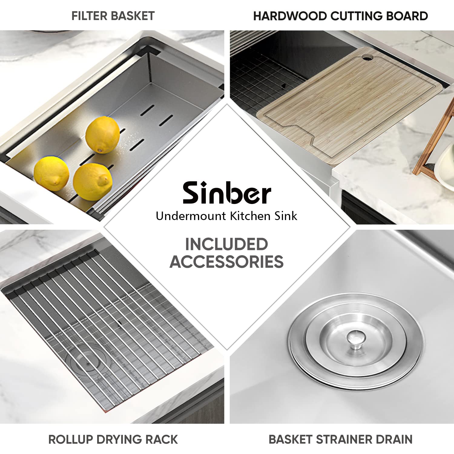 Sinber 32" x 19" x 10" Undermount Single Bowl Workstation Kitchen Sink with 16 Gauge 304 Stainless Steel Satin Finish 6 Accessories KSS0001S-OK