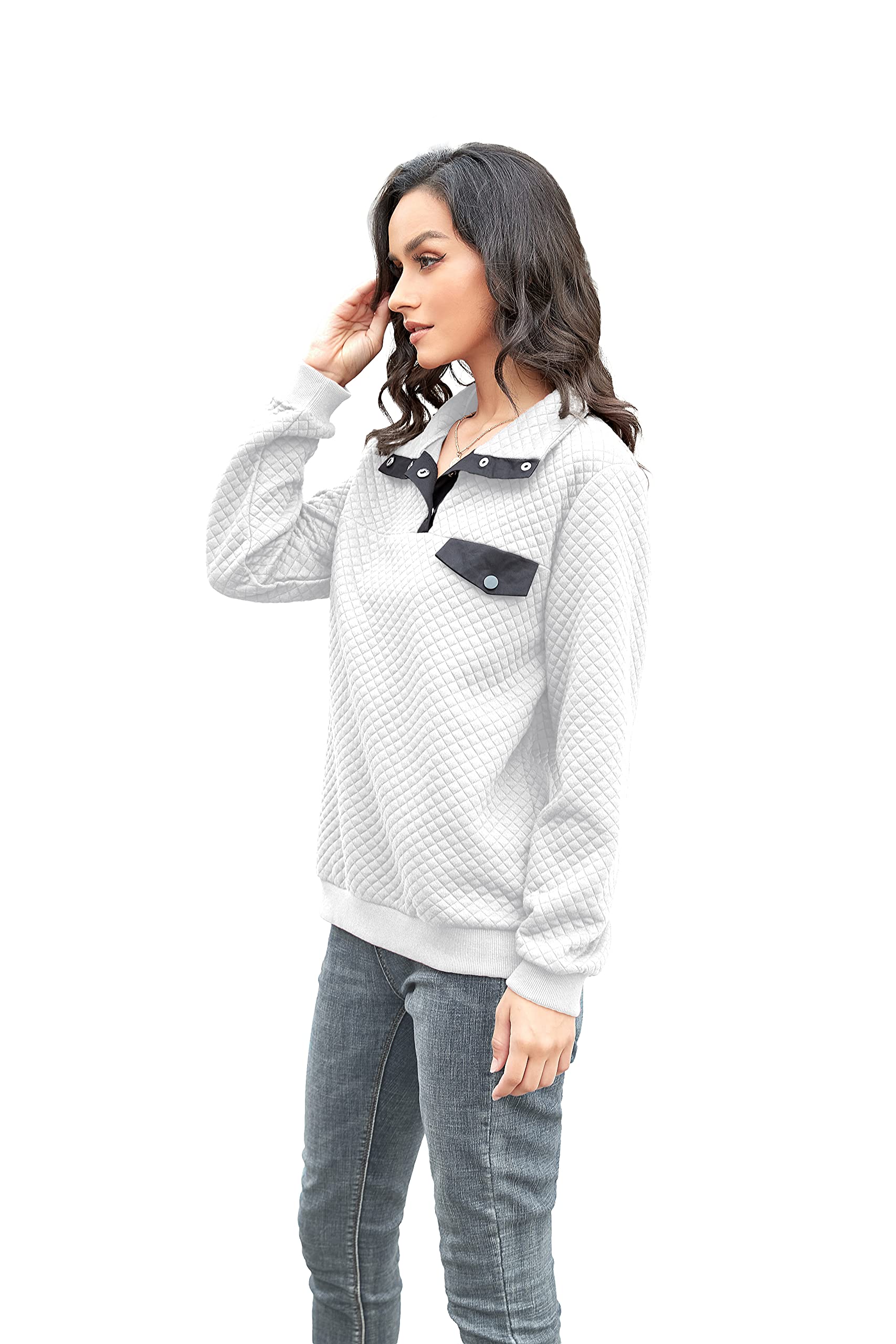TASAMO Women Fashion Long Sleeve Plain Casual Ladies Sweatshirts Pullovers Button Down Shirts Tops (Large, White)