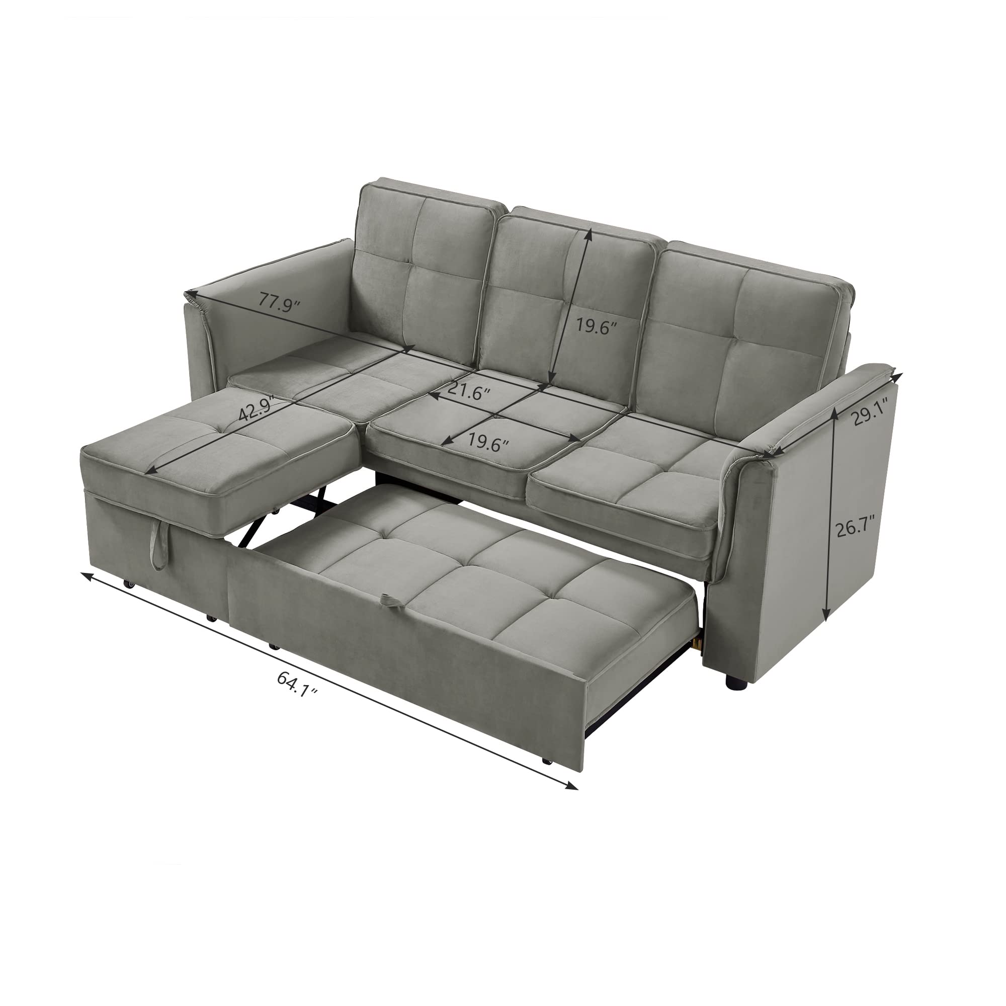 PHOYAL Combination Sofa Bed, Pull-Out Sofa 3 Seater Couch Sofa Upholstered L-Shaped 3-Seat Sleeper Sofa Pull Out Sleeper Pull Out Sofa Bed Couch for Living Room (Grey)