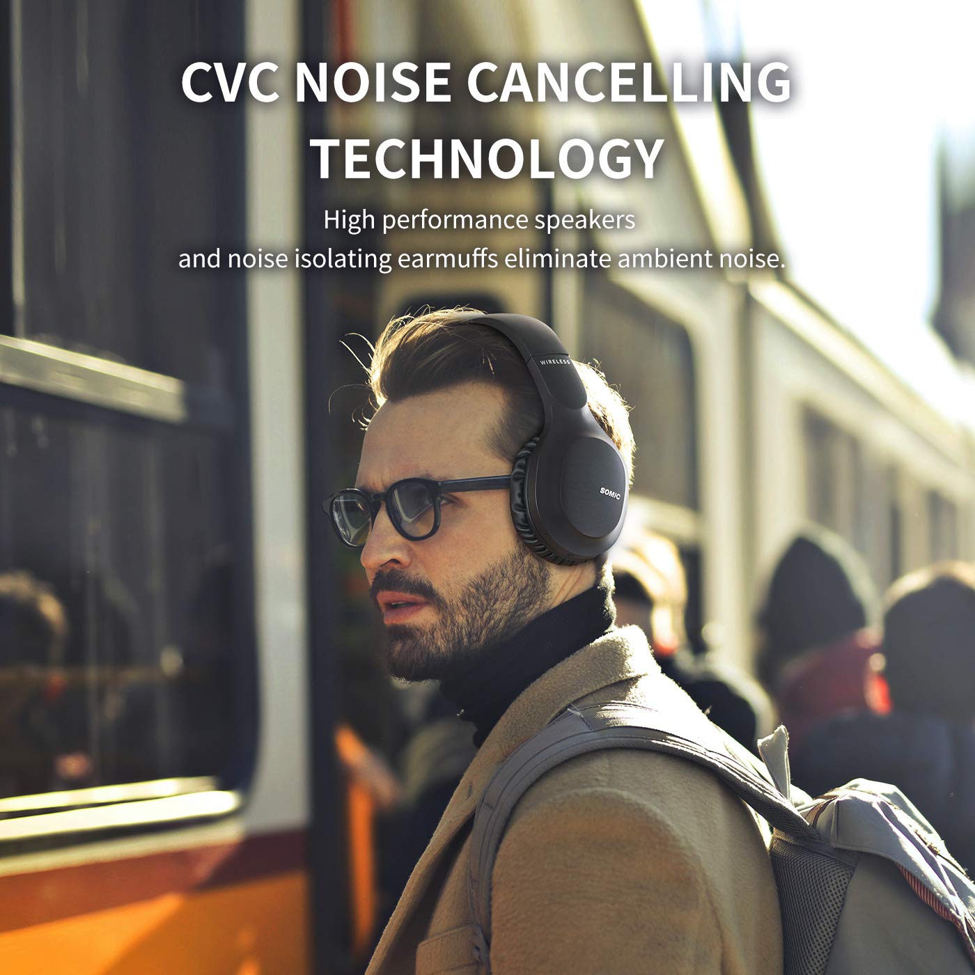 SOMIC Wireless Bluetooth Headphone with HI-FI Stereo, Soft Memory-Protein Earmuffs, 72H Playtime Over Ear Headset, Detachable Cat Ear On-Ear Headphones for Travel/Work/Class/Office MS300 Black