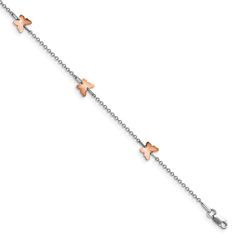 Solid 14K White and Rose Gold Butterfly 1in Extension Anklet - with Secure Lobster Lock Clasp 9.5" (Width = 1mm)