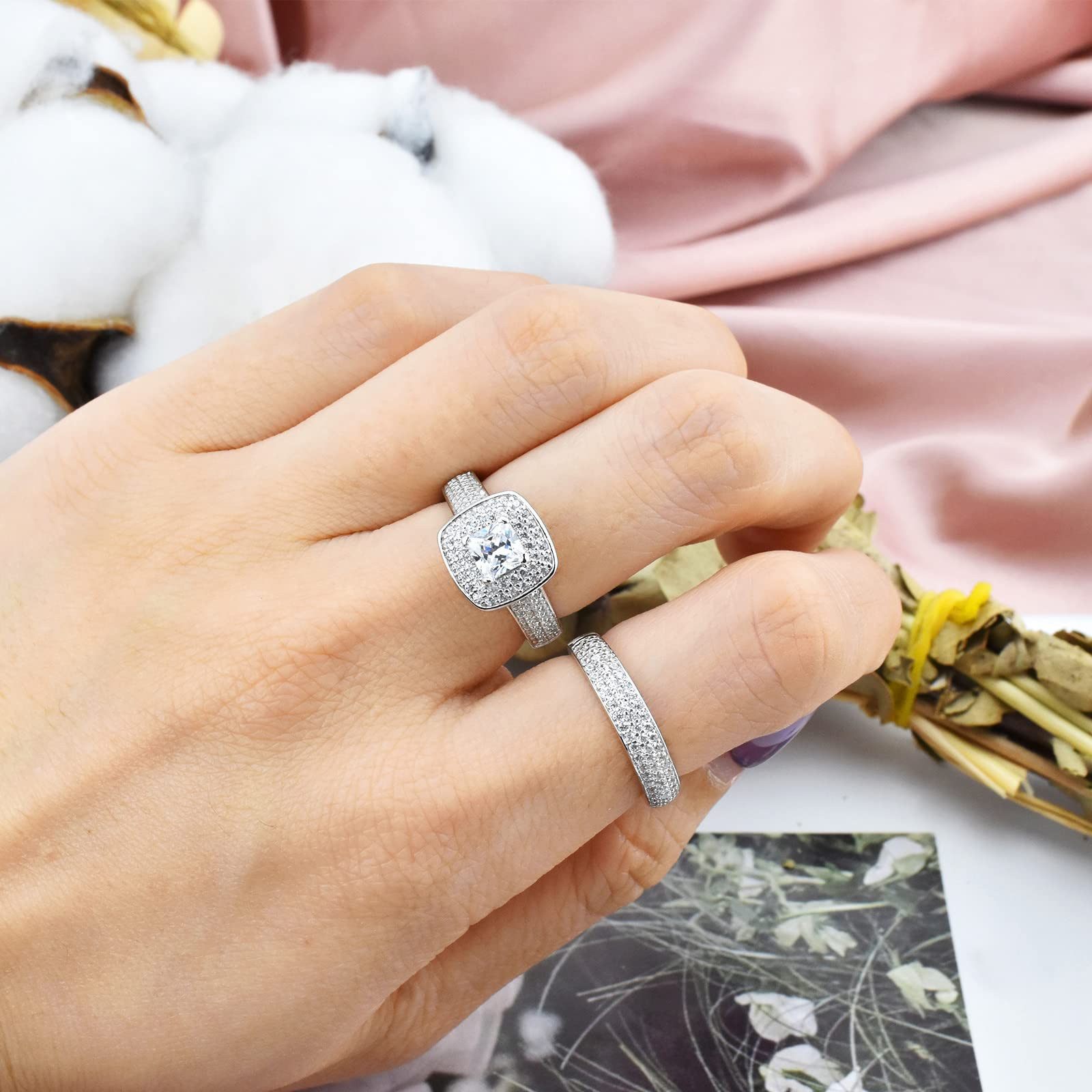 SweetJew Women's Bridal Rings Sets Silver Vintage Engagement Wedding Bands Princess AAAAA CZ Size 9