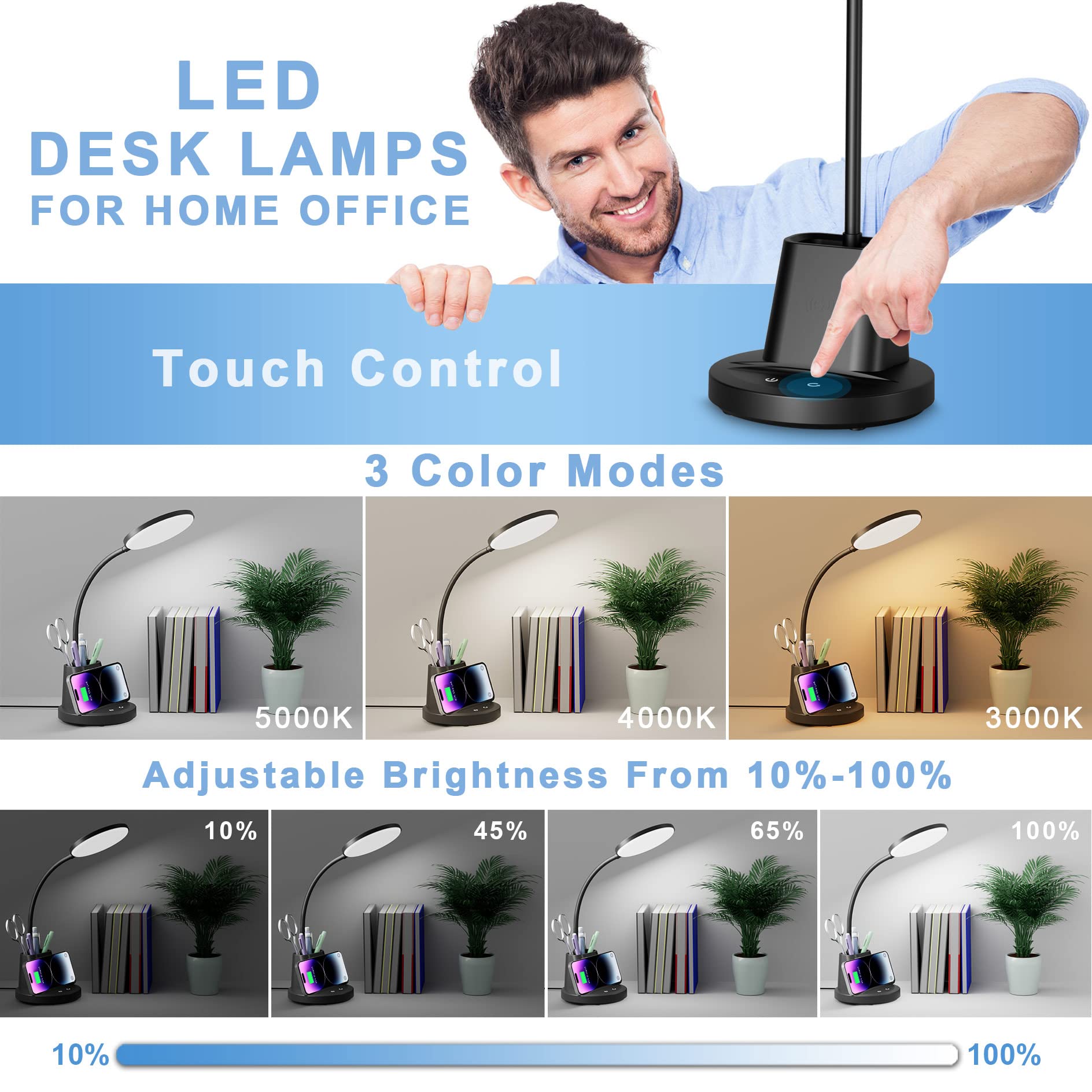 Sailstar Desk Lamp, Desk Lamps for Home Office with Wireless Charger & Pen Holder, 800 Lumens Gooseneck 3 Modes Dimmable Touch Circular LED Desk Light, Small Desk Lamp for College Dorm Room, Black