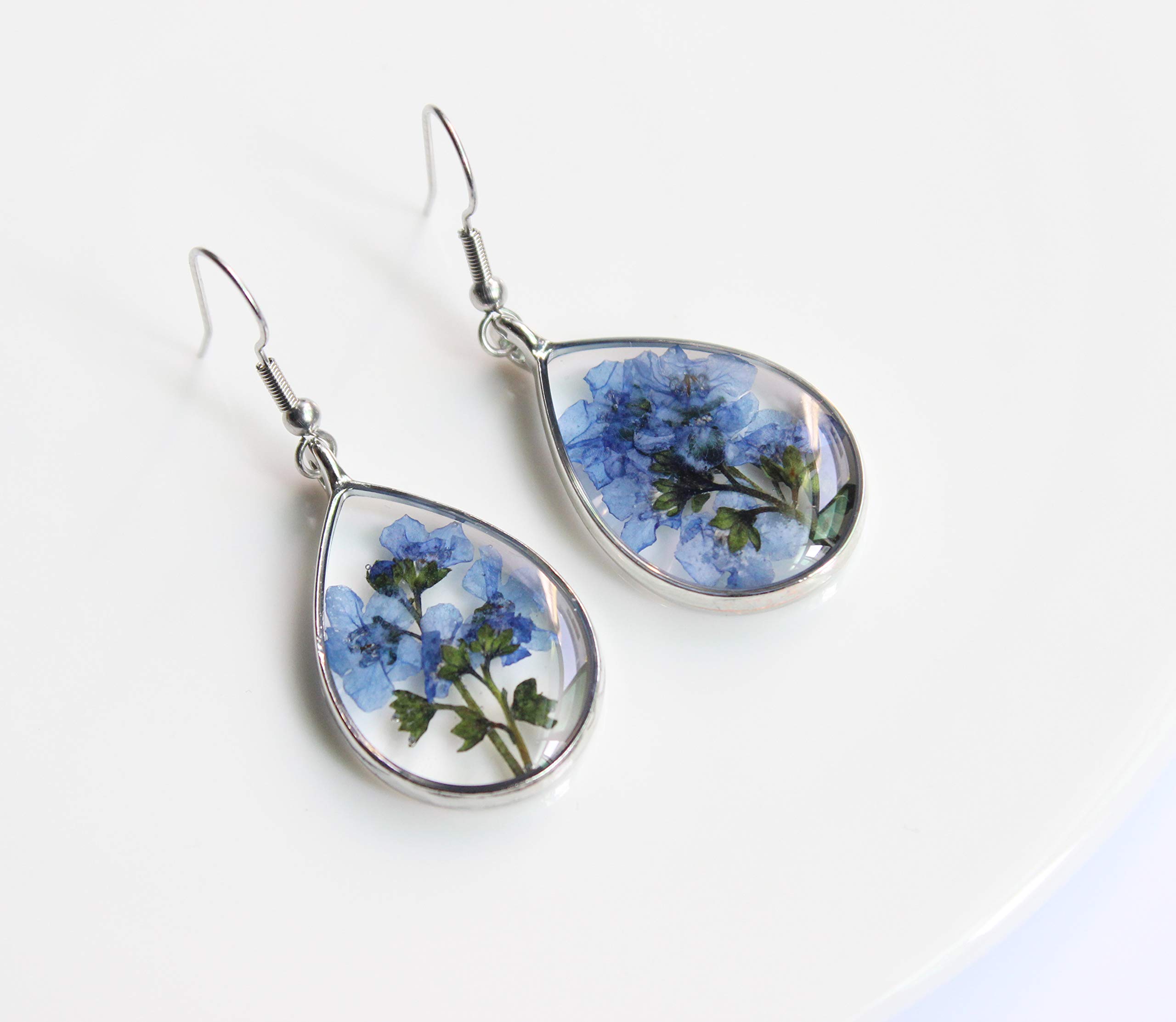 SI EASY Forget me not Flower Earrings, Personalised Real Pressed Dried Flowers Teardrop Earrings, Handmade Jewelry