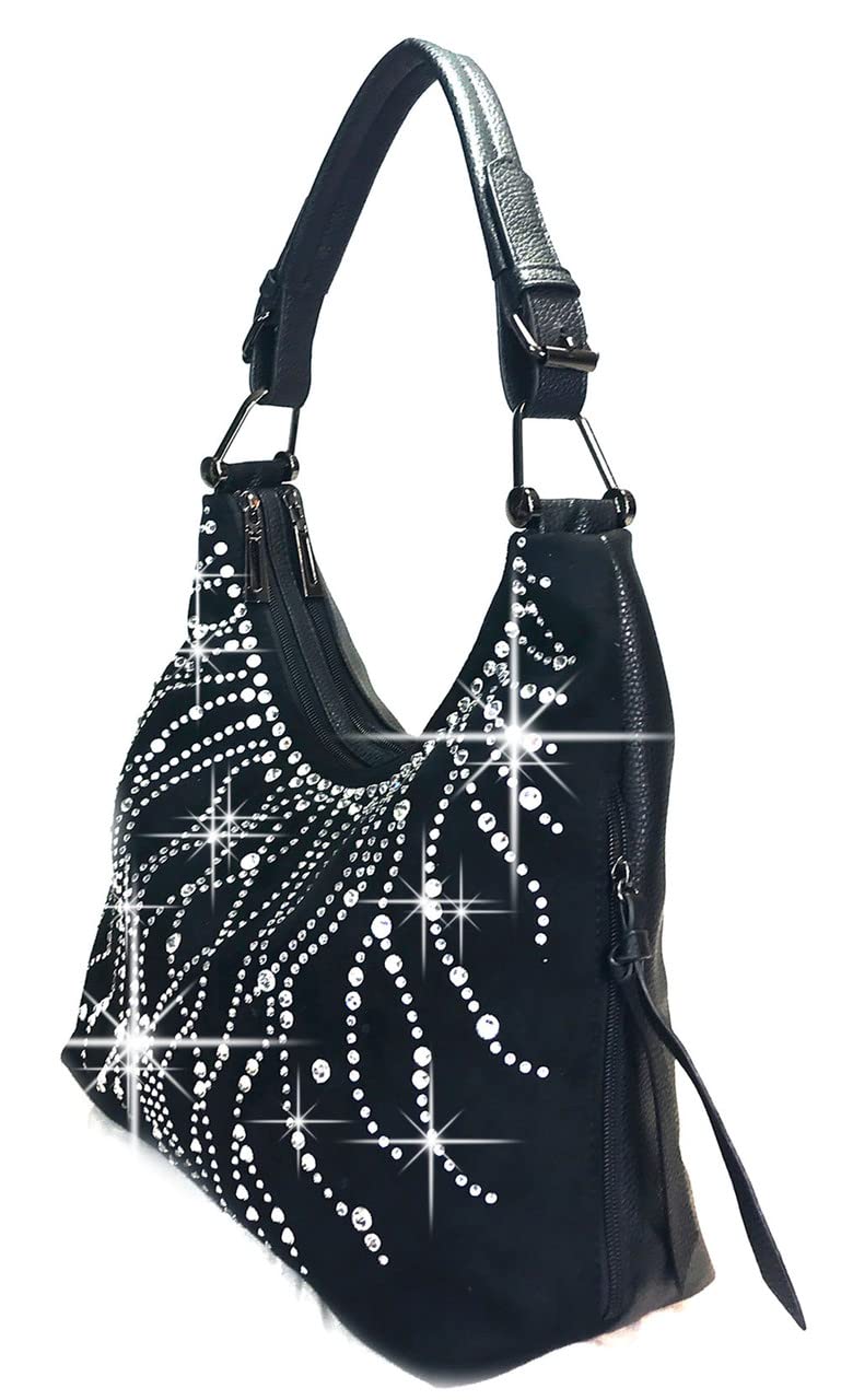 Zzfab Artistic Rhinestone Fringe Pattern Large Gem Hobo Black