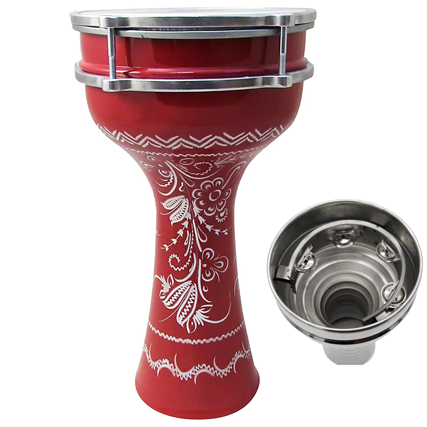 ZAZA Percussion 16'' Length Aluminum Darbuka, 8" Tunable Synthetic Head and Internal Jingles Doumbek (Red)