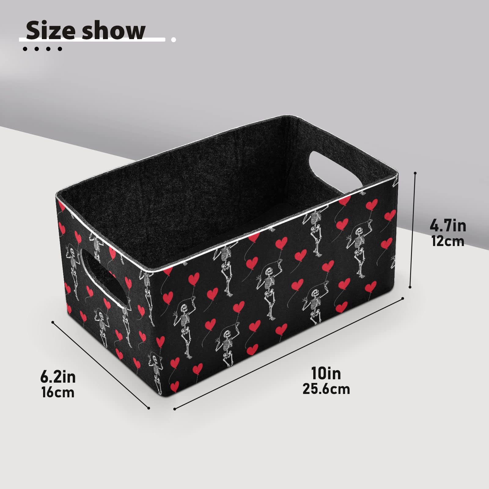 Skeleton Valentine Storage Basket Bins Set (2pcs) Felt Collapsible Storage Bins with Handles Foldable Shelf Drawers Organizers Bins for Nursery Toys,Kids Room,Clothes,Towels,Magazine