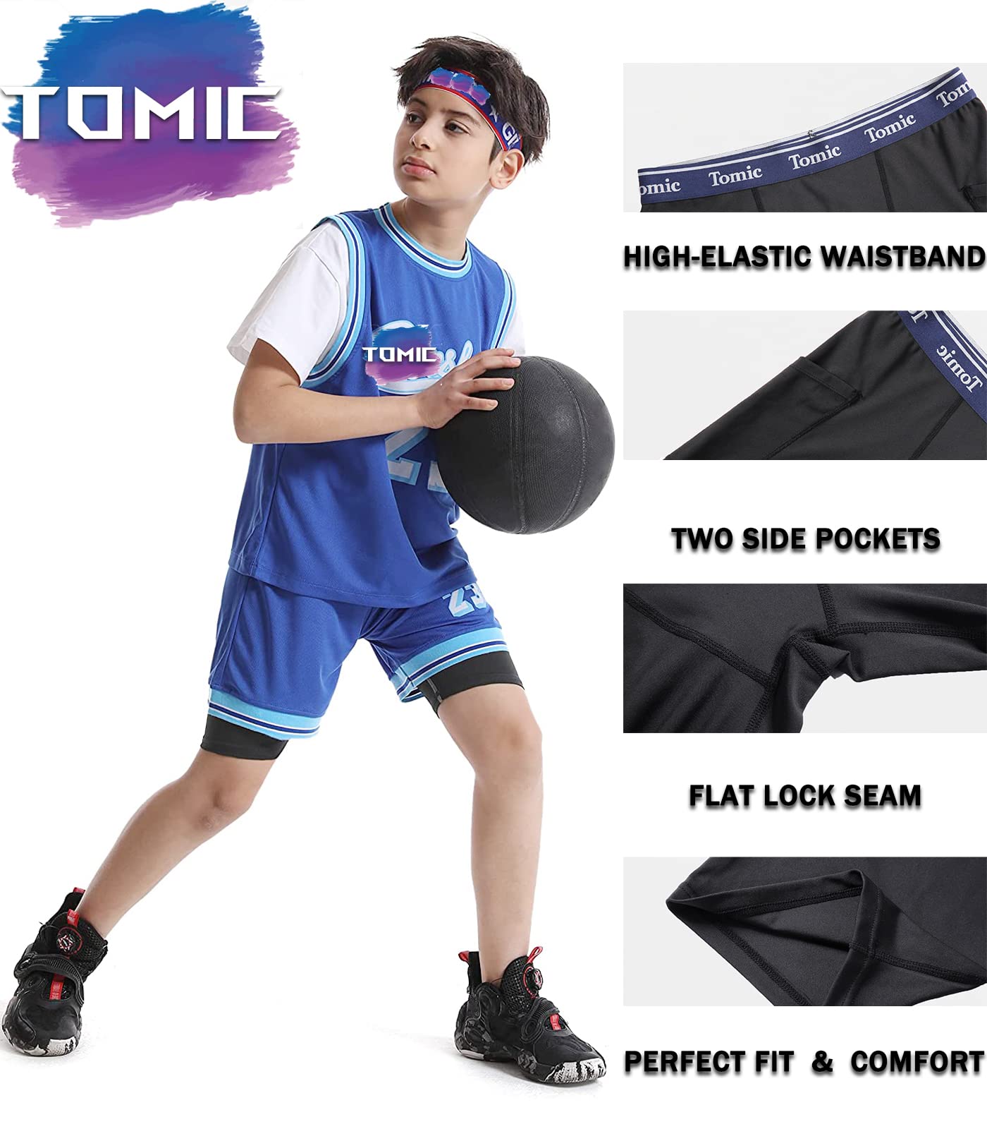Tomic Youth Boys' Compression Shorts Performance Athletic Base Layers for Boys Sport Pants Tights Leggings Underwear 2-3Pack Grey/Royal Blue M