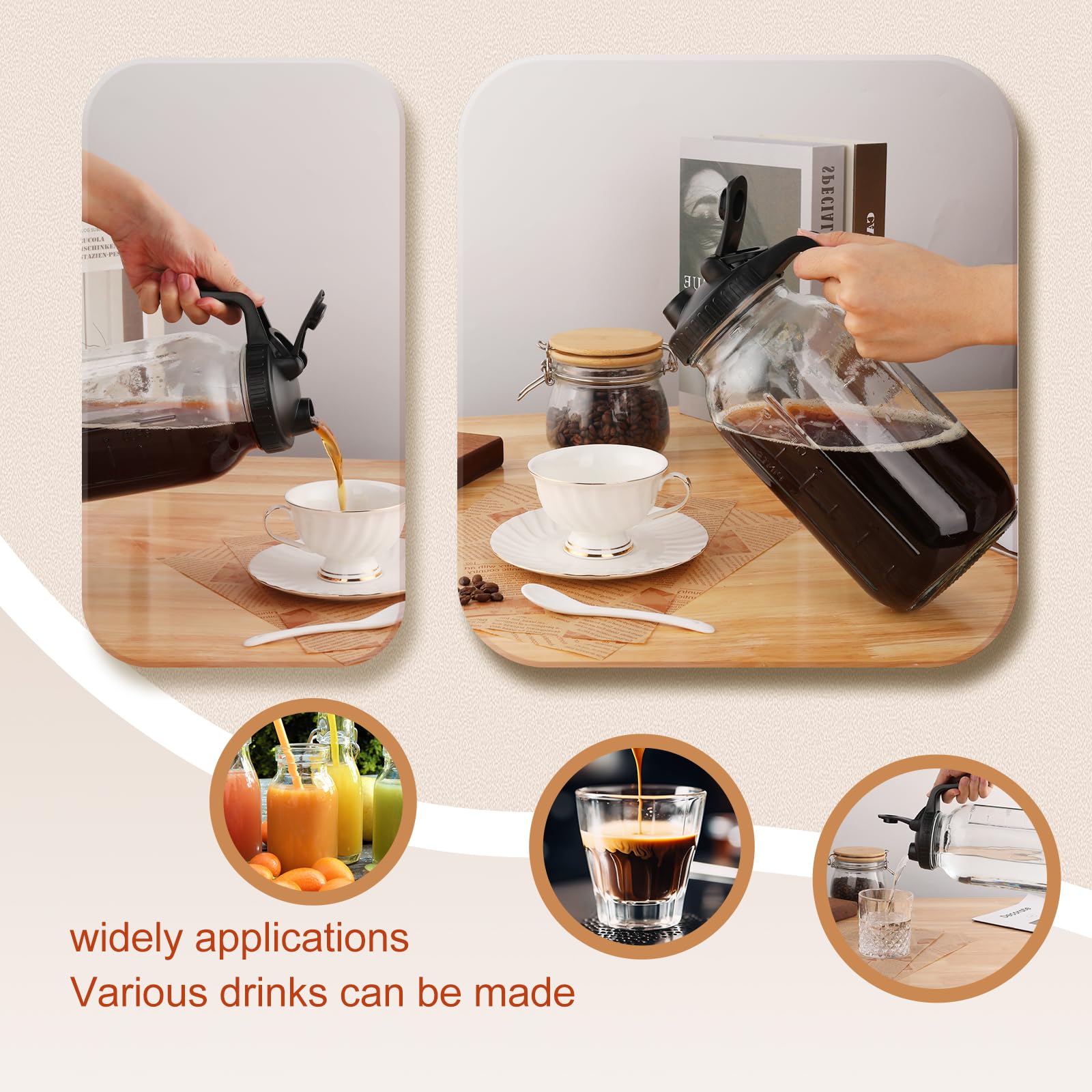 SCIDEA Cold Brew Iced Coffee Maker, 1 Quart 32oz Mason Jar Thick Durable Glass with Stainless Filter for Iced Coffee, Tea, Fruit Drinks, with Pour Spout Lid, No Leak Design
