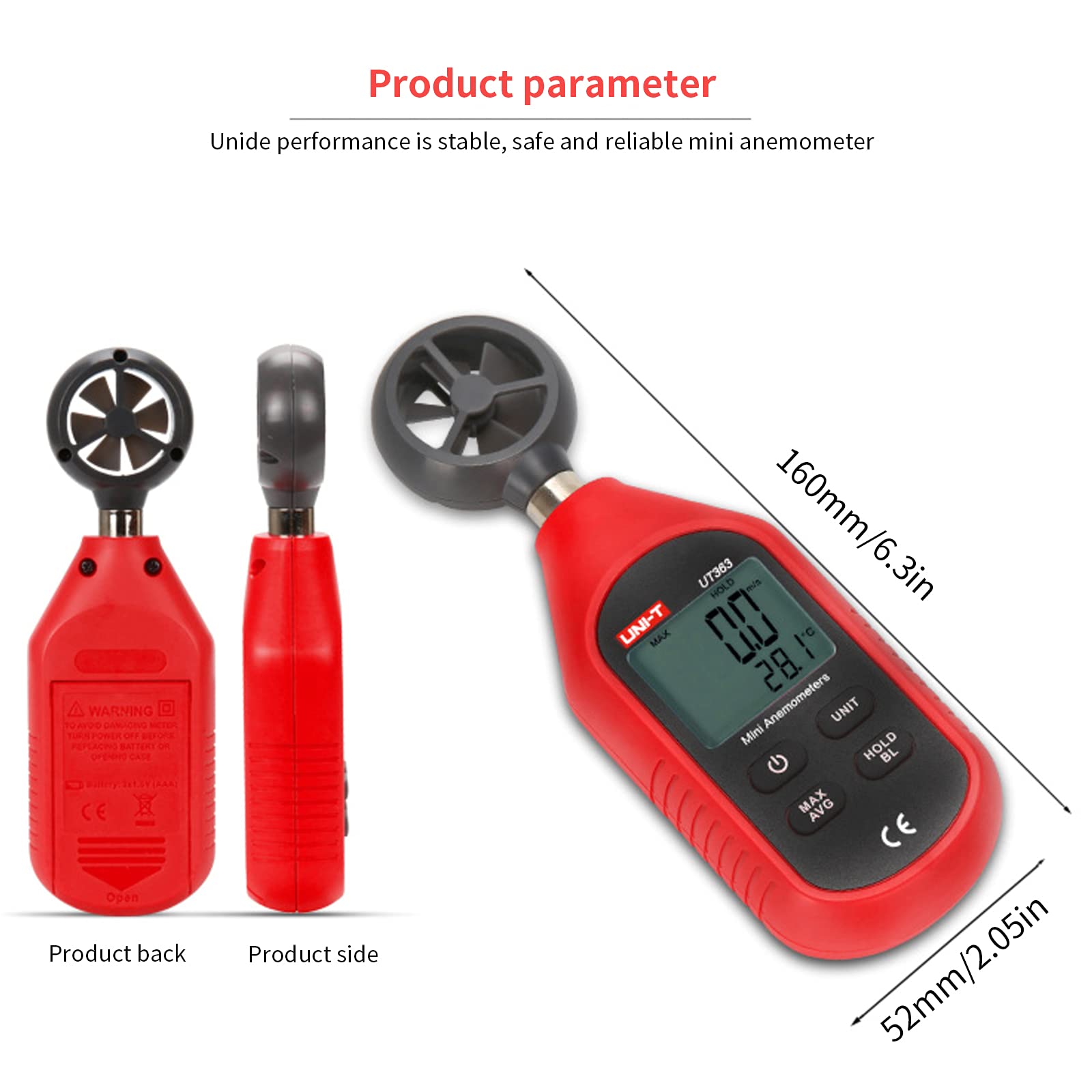 UNI-T Handheld Mini Digital Anemometer,Wind Speed Meter with Thermometer and Max/Min, for Weather Data Collection and Outdoors Sports Windsurfing Sailing with Backlight LCD Display (UT363)