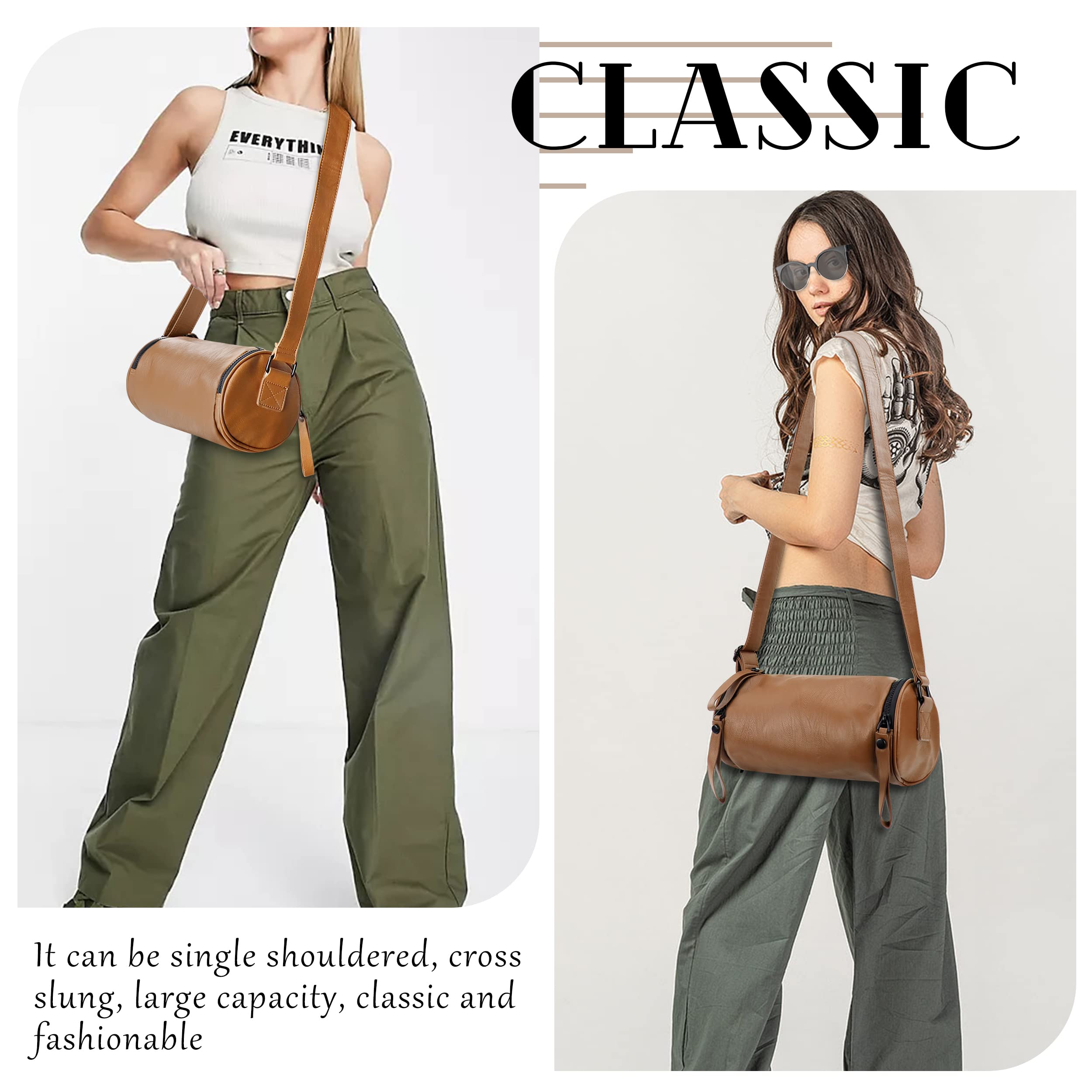 Whale Power Crossbody Bag Soft Leather Cylindrical Adjustable Strap Shoulder Purse with Side Pockets for Women Brown