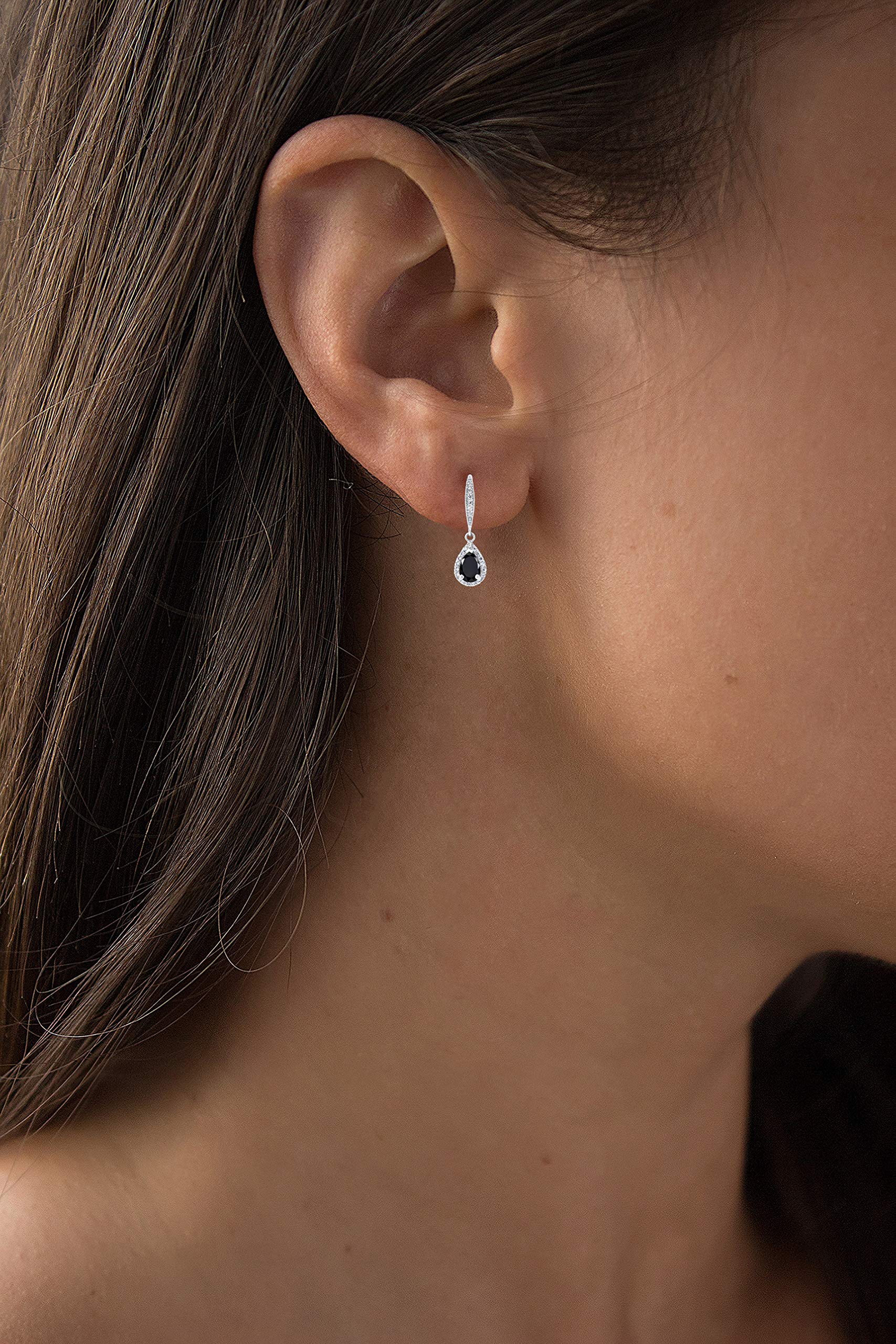 Solid 14K White Gold 6x4mm Pear Natural Black Onyx December Birthstone Fish Hook Dangling Earrings For Women & 1mm Created White Sapphire Halo Dangle Earrings For Women