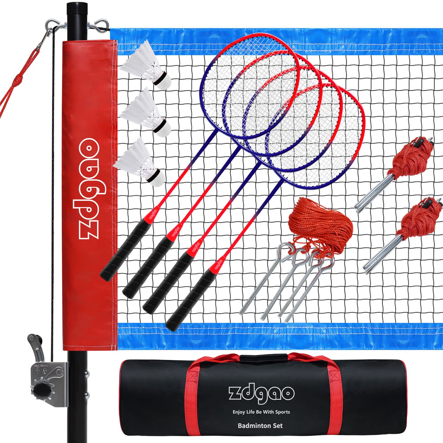 Zdgao Badminton Sets for Backyards with Net | Portable Badminton Net with Winch System, Aluminum Badminton Rackets Set of 4, 3 Nylon Shuttlecocks, Boundary Line and Durable Carrying Bag (Red & Blue)
