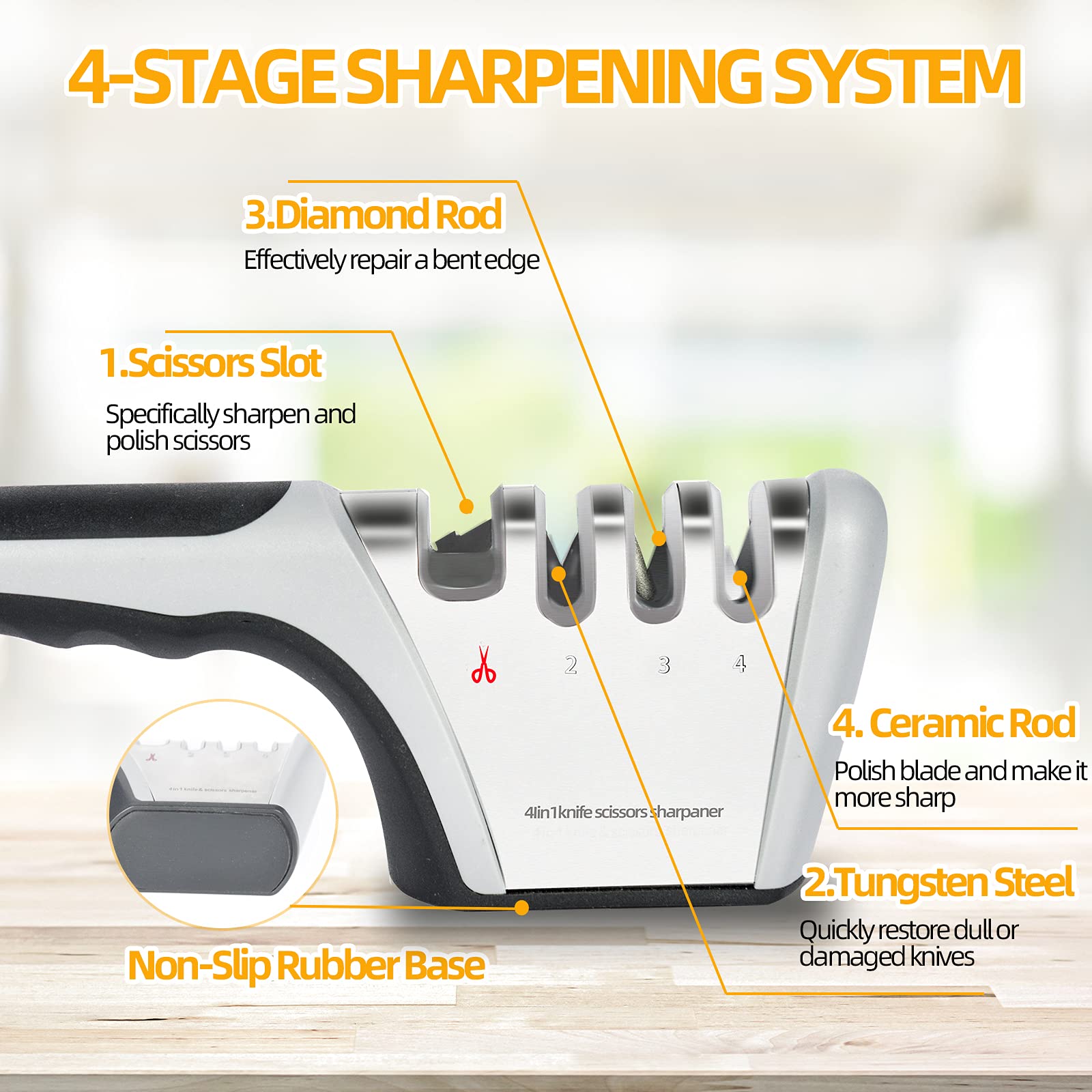 The 4-stage kitchen knife sharpener is easy to use, can sharpen scissors and steel knives quickly, and is as sharp as new after use. (gray)