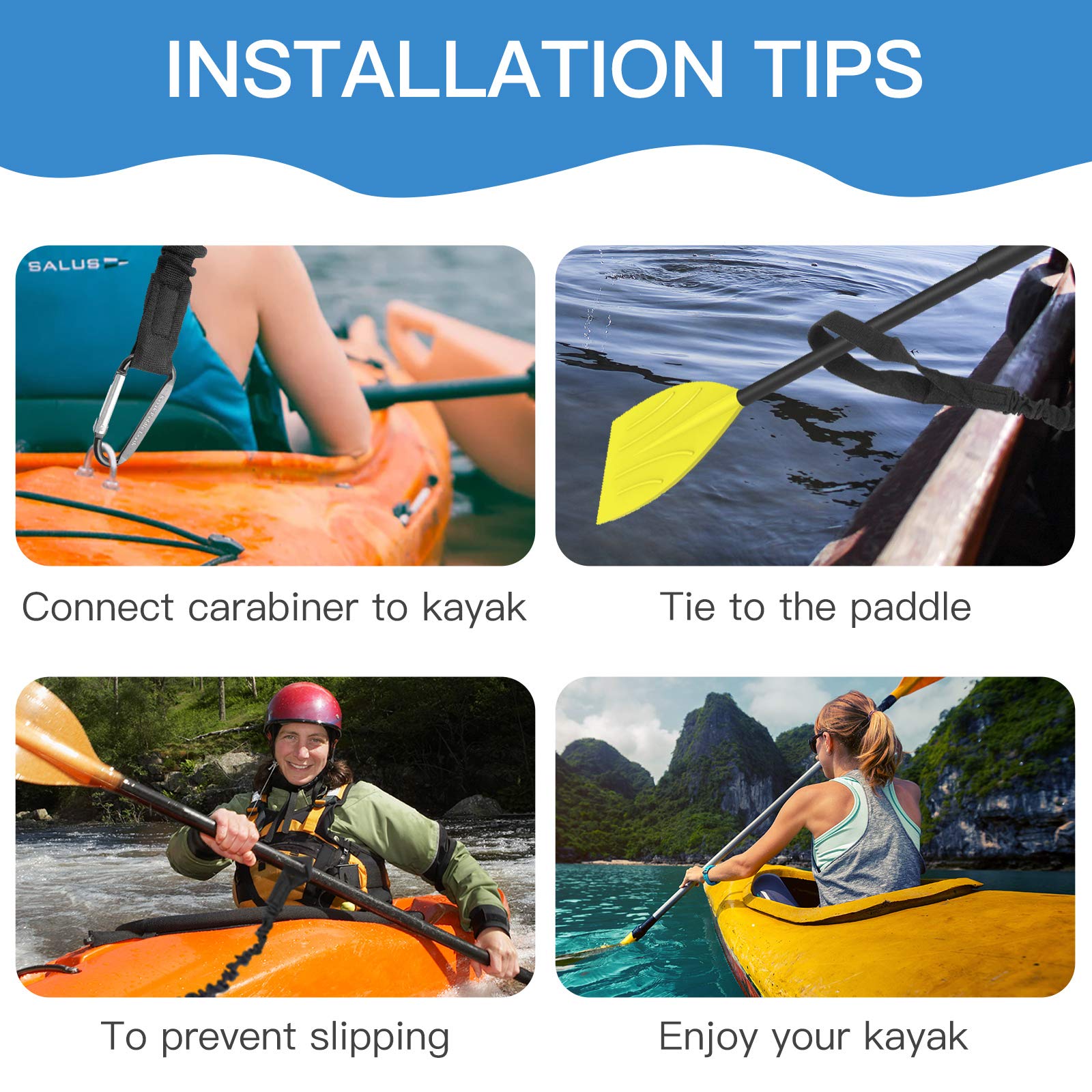 SUKIA Kayak Paddles Leash 2 Pack Black Kayaking Equipment with Quick Release Paddle Holder Clip D-Shape Carabiner Stretchable SUP Paddle Board Accessories Fishing Rod Leash Kit (Black x 2 Pack)