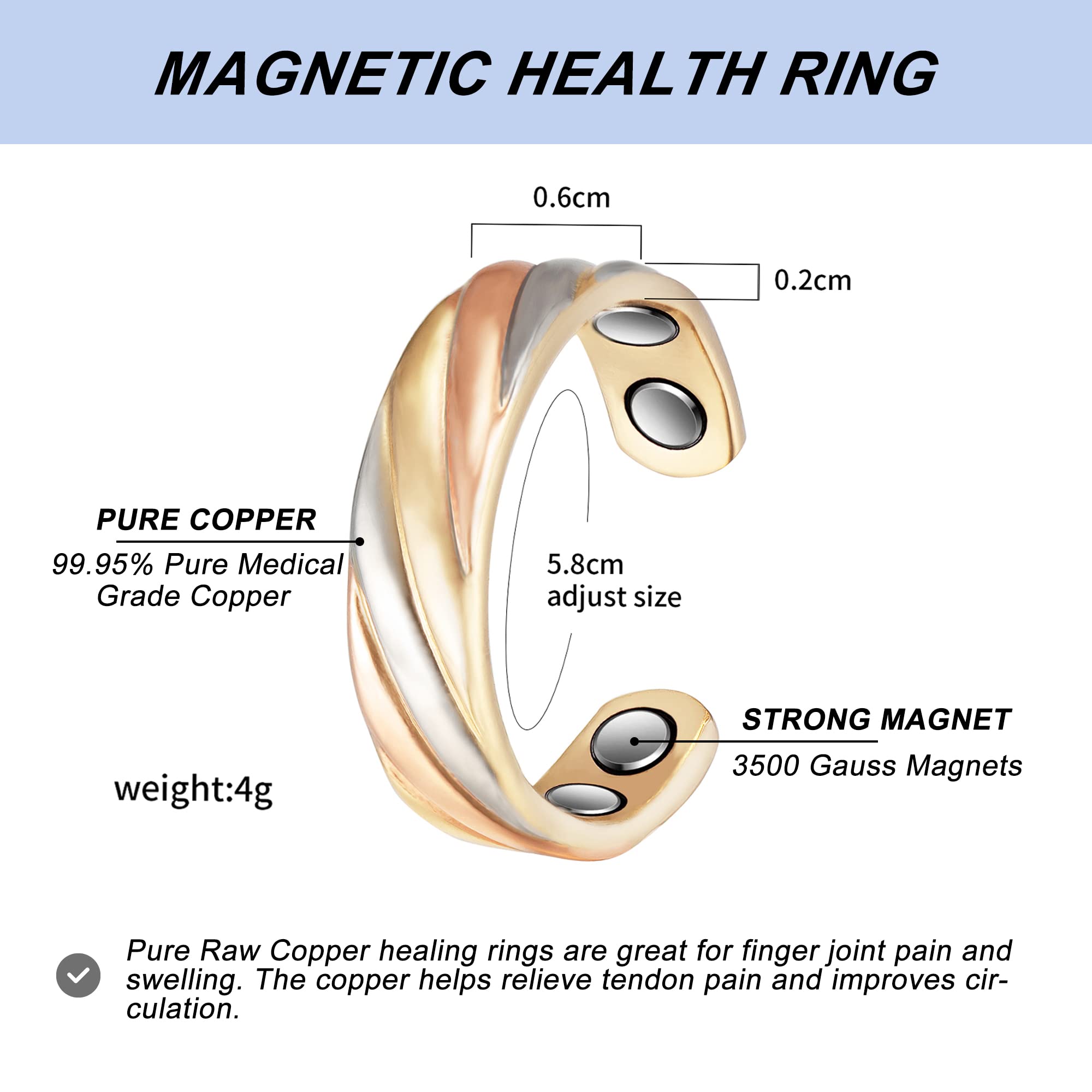 Wollet Tri Tone Copper Magnetic Ring for Women Men with Magnets Copper Ring Adjustable Jewelry