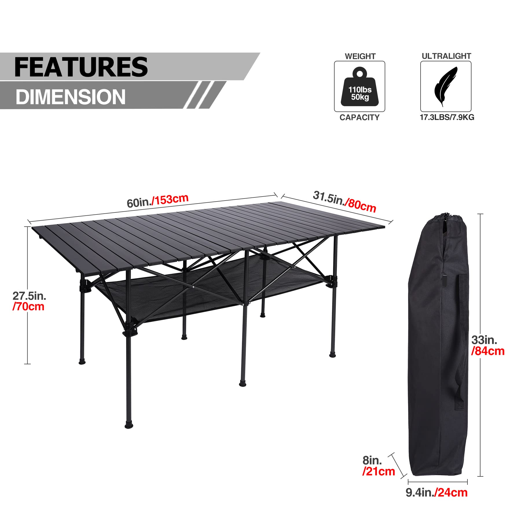 Stonehomy Aluminum Camping Table Roll Top with Mesh Storage 5 FT, Folding Lightweight Roll Up Table for Outdoor Camping Grill, Black, 60x31.5 Inch