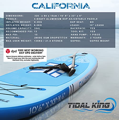 Tidal King California 10' 6" Stand Up Paddle Board Wide Stable ISUP - with Adjustable Paddle, Top Accessories - Pump, Leash & Backpack