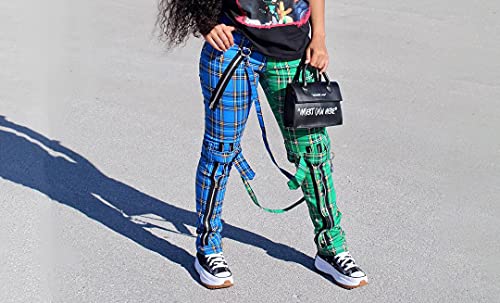 Women's Casual Plaid Color Block Sweatpants Stretchy High Waist Work Skinny Pants Blue + Green Medium