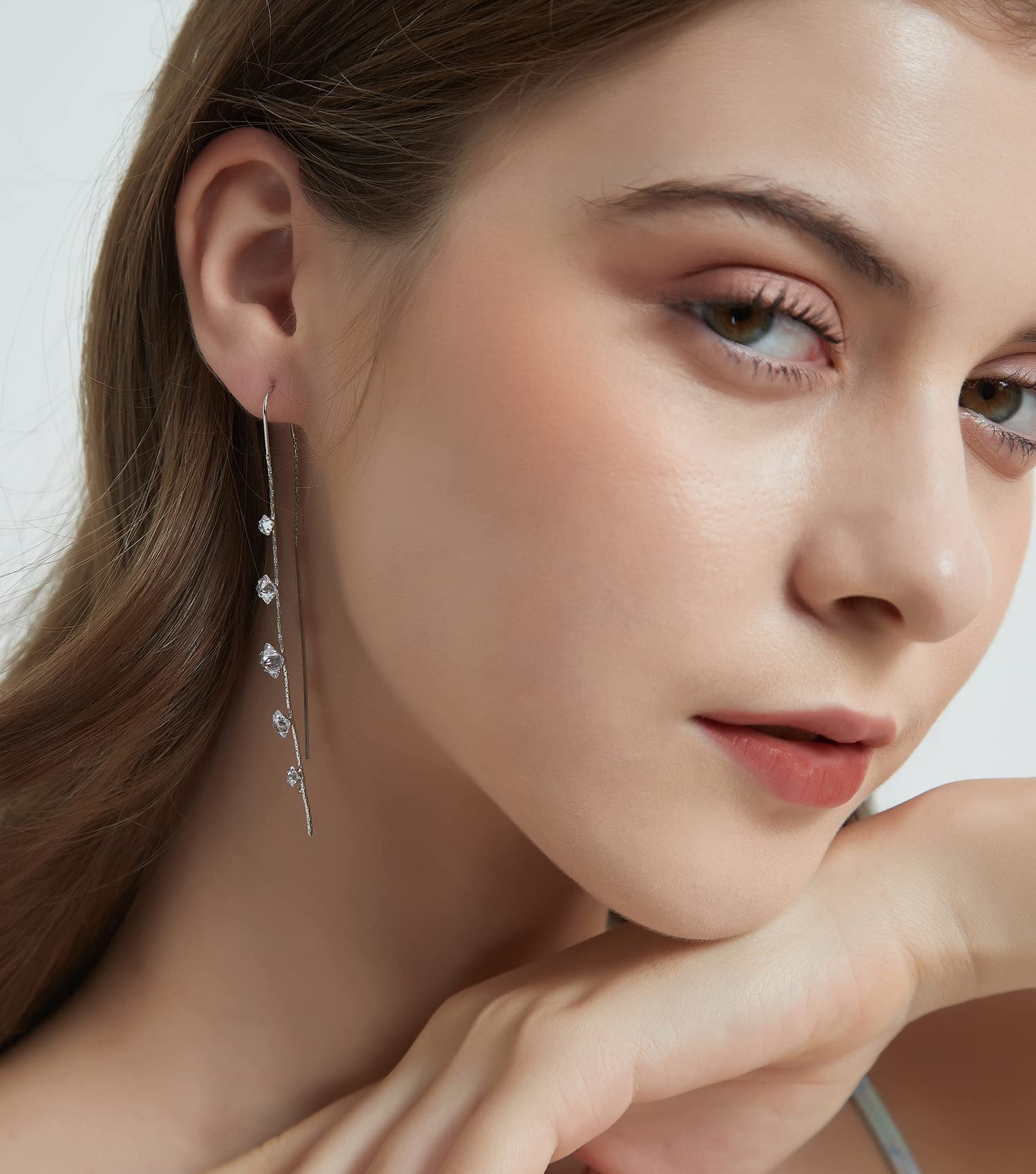 Threader Dangle Earring Long Chain Twist Curved Tassel Earring Star Butterfly Cubic Zirconia Gold Silver Drop Earring for Women Girl (Threader Earring-A)