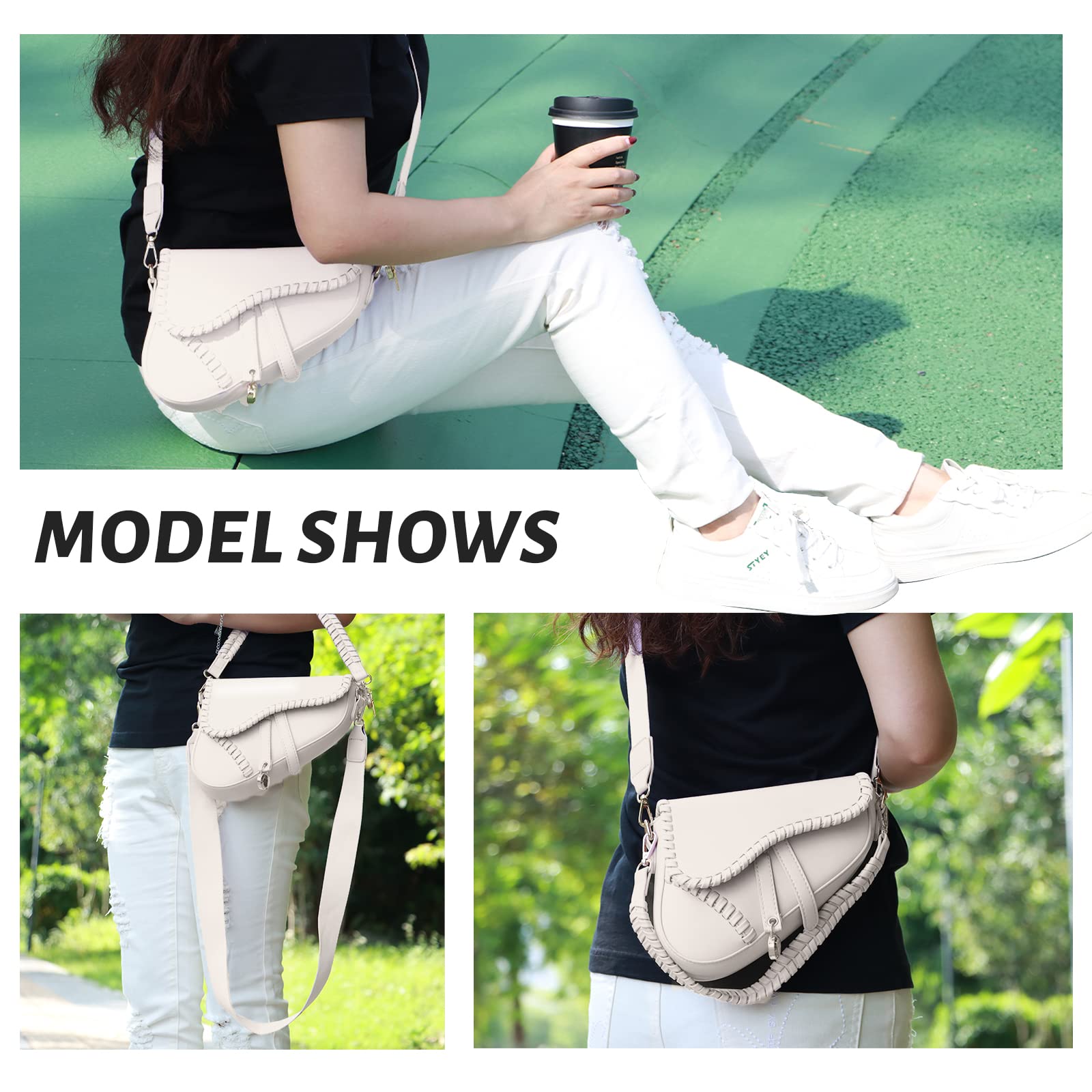 WOG2008 Women Saddle Bag Purses Trendy Black Saddle Shoulder Bag Leather Crossbody bag White Vintage Satchel Handbags