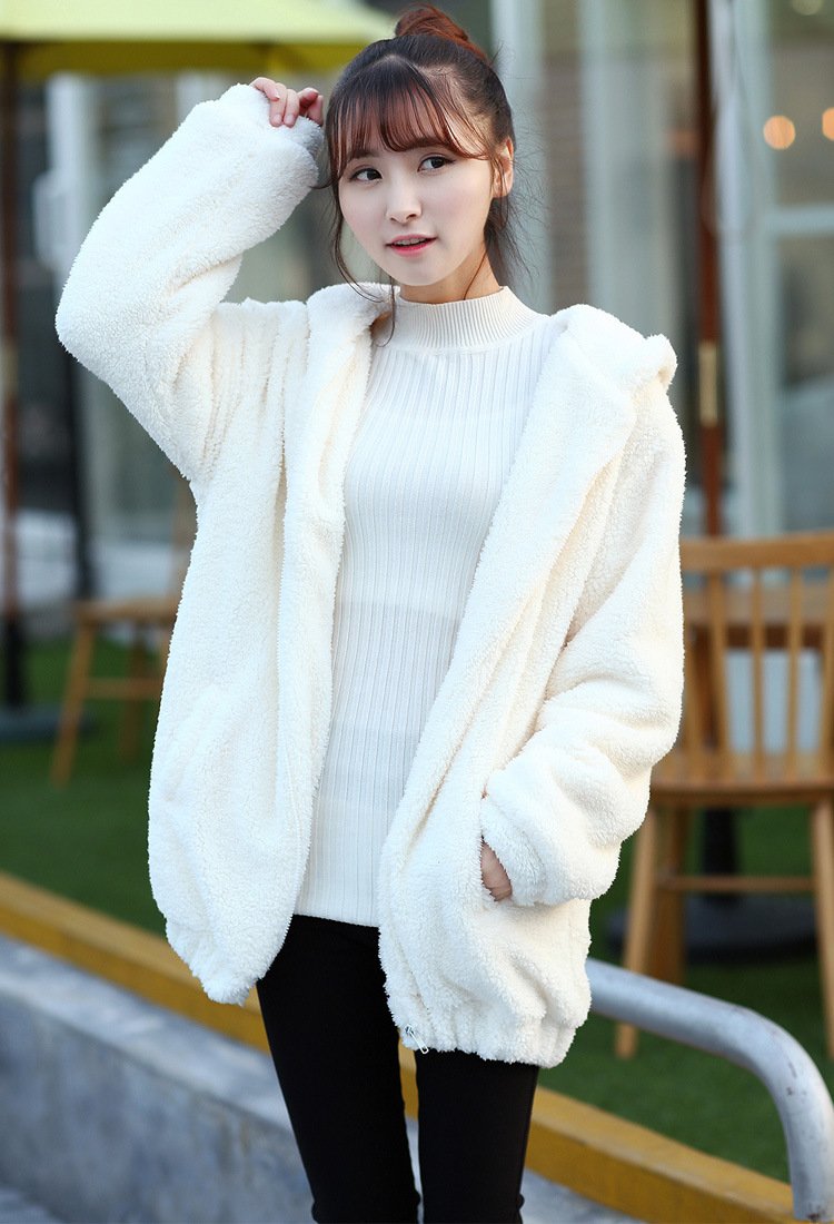 Women Bunny Ears Hoodie Fluffy Bunny Sweatshirt Top Coat Long Sleeve Kawaii Clothes Cute Hoodies Jacket (Bunny White)
