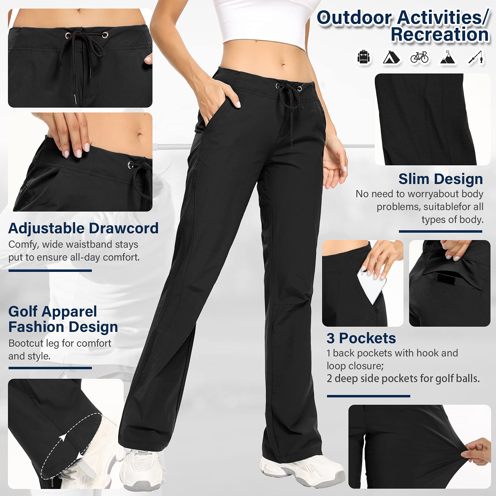 Women's Hiking Pants Travel Quick Dry Lightweight Outdoor Casual Elastic Waist Cargo Pants Black