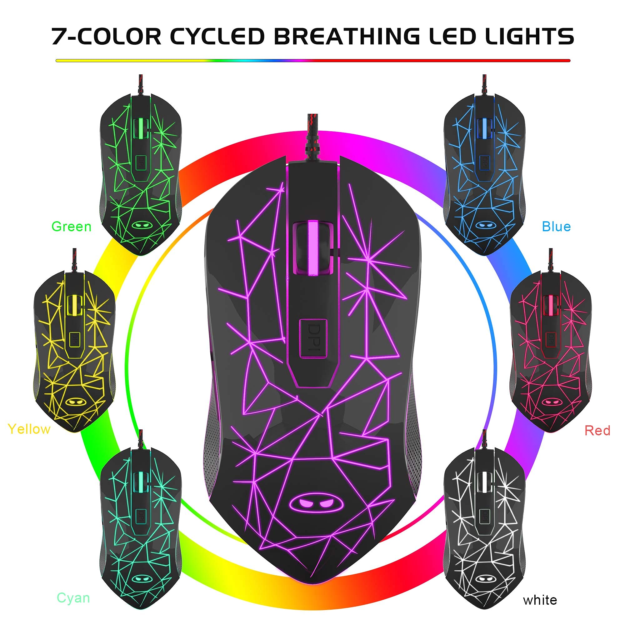 Wired Gaming Keyboard and Mouse Combo, LED Rainbow Backlit 104 Keys Gaming Keyboard with Crystal Cover, 7 Color Backlit Gaming Mouse 3200 for PC Computer Desktop (Black)