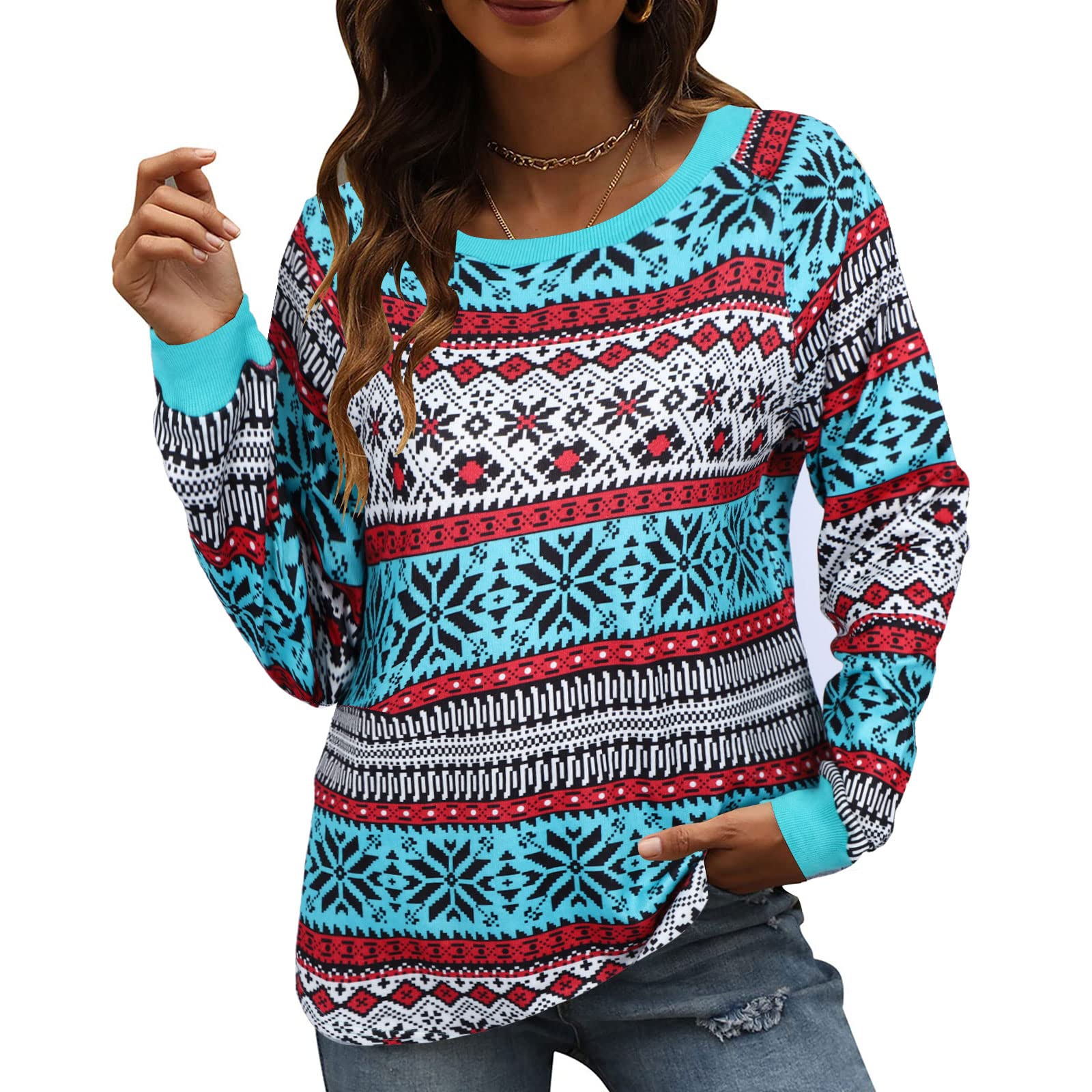 UNIQUEONE Christmas Sweatshirts For Women Xmas Snowflake Shirts Raglan Sleeve Blouse Loose Knitted Pullover Tops Blue