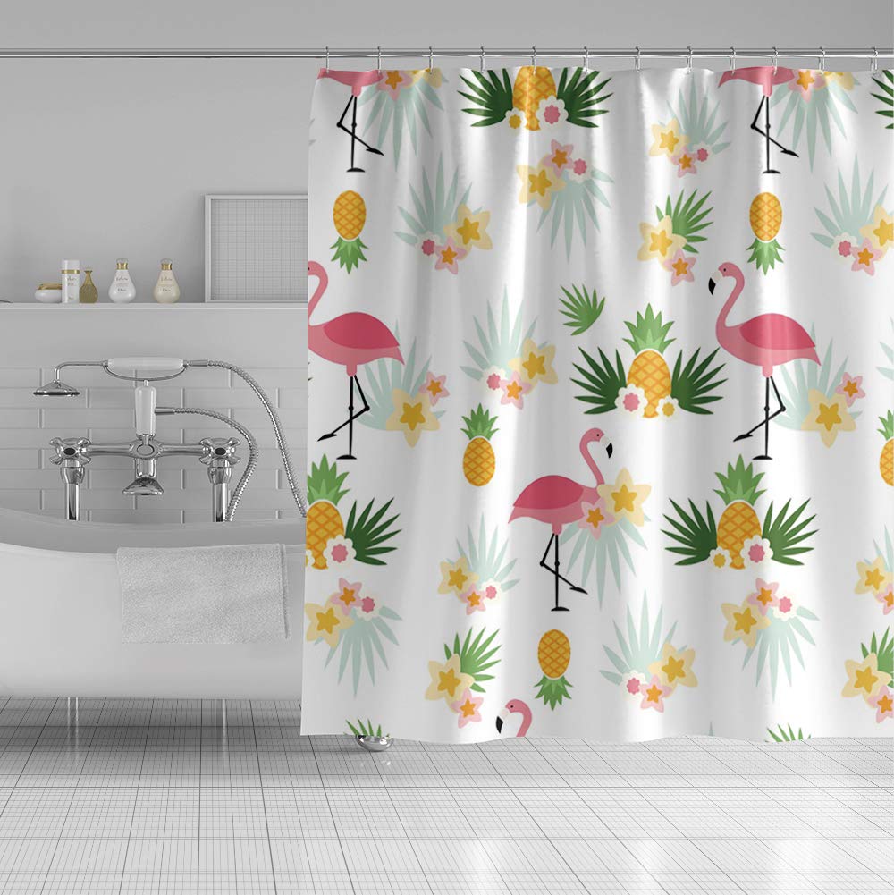 OERJU Flamingo Shower Curtain for Bathroom Flamingo Pineapple Floral Shower Curtains Waterproof Polyester Fabric Bathtub Bathroom Decor Set with Hooks Machine Washable 71x71inch