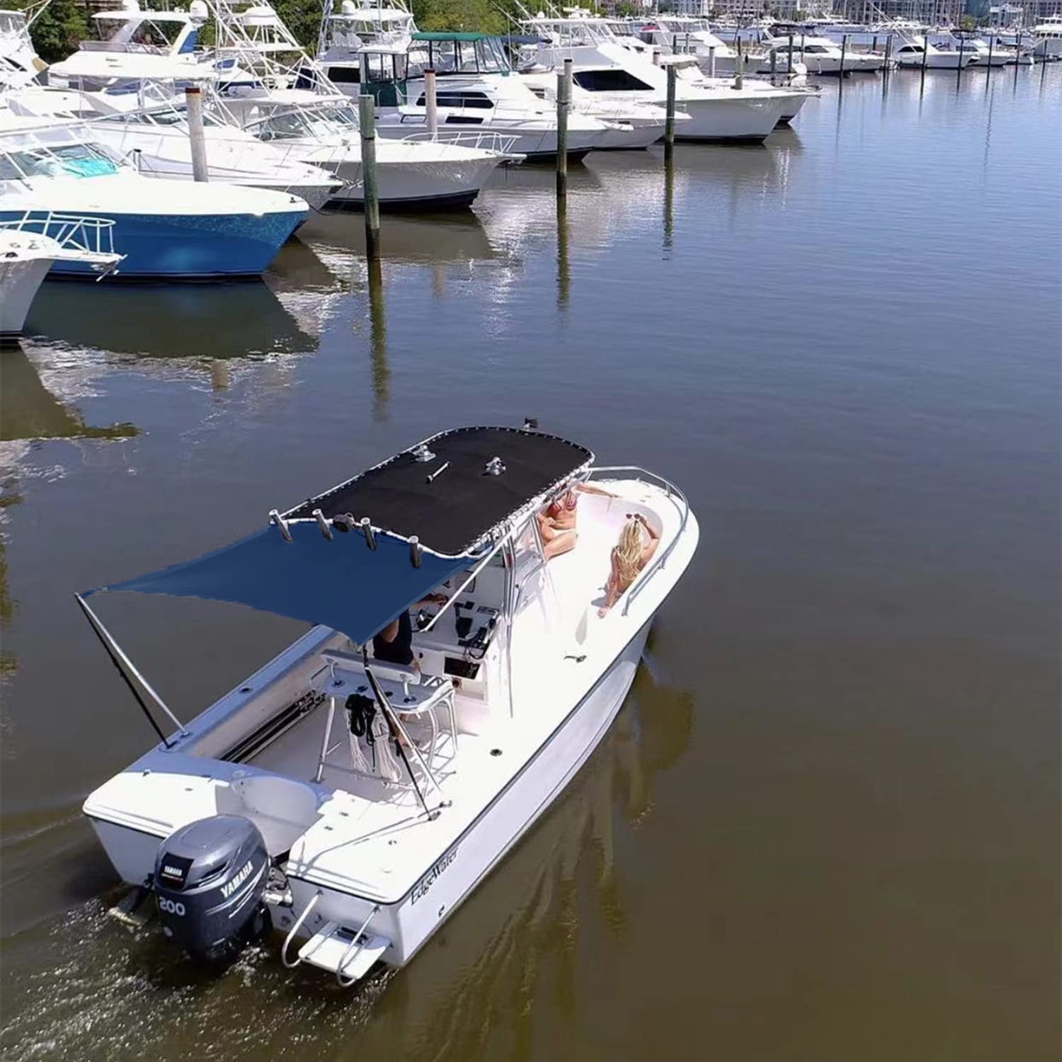 TeBaisea Boat T-Top Sun Shade Kit Boat Canopy, Boat Cover with Stainless Steel Telescopic Rod Foldable,UV-Proof 1200D High-Tech Polyester Fiber, Anti-Ultraviolet Dark Blue(126"×114"×102")