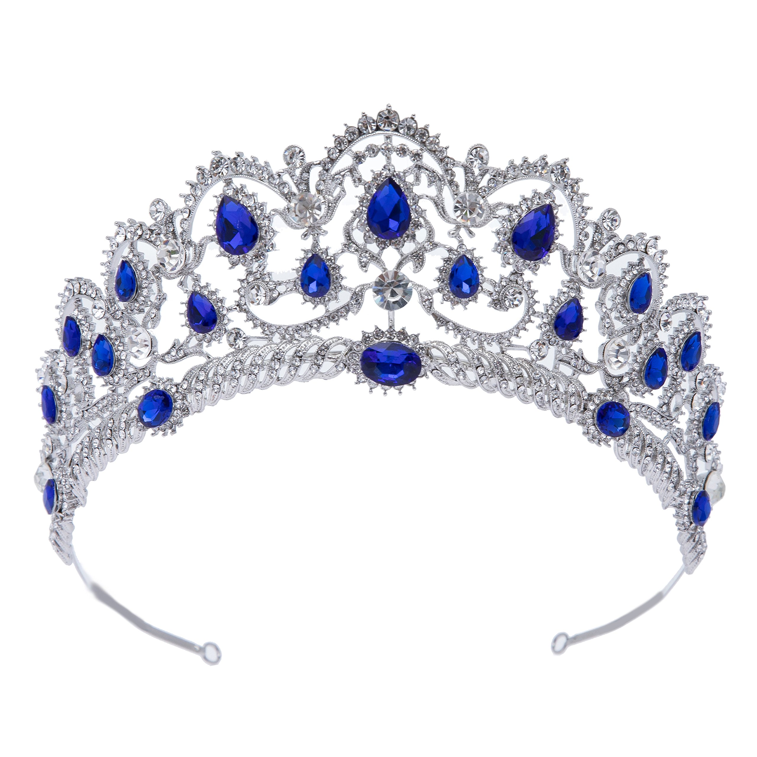 SWEETV Crystal Wedding Tiara for Bride Rhinestone Princess Crown for Women, Olivia Quinceanera Crown Bridal Costume Jewelry Hair Accessories, Blue