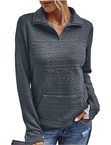 SEBOWEL Women Zipper Pullover Sweatshirt Plain Long Sleeve Quilted Blouse Shirts Lightweight Pullover Jacket, Dark Gray, M