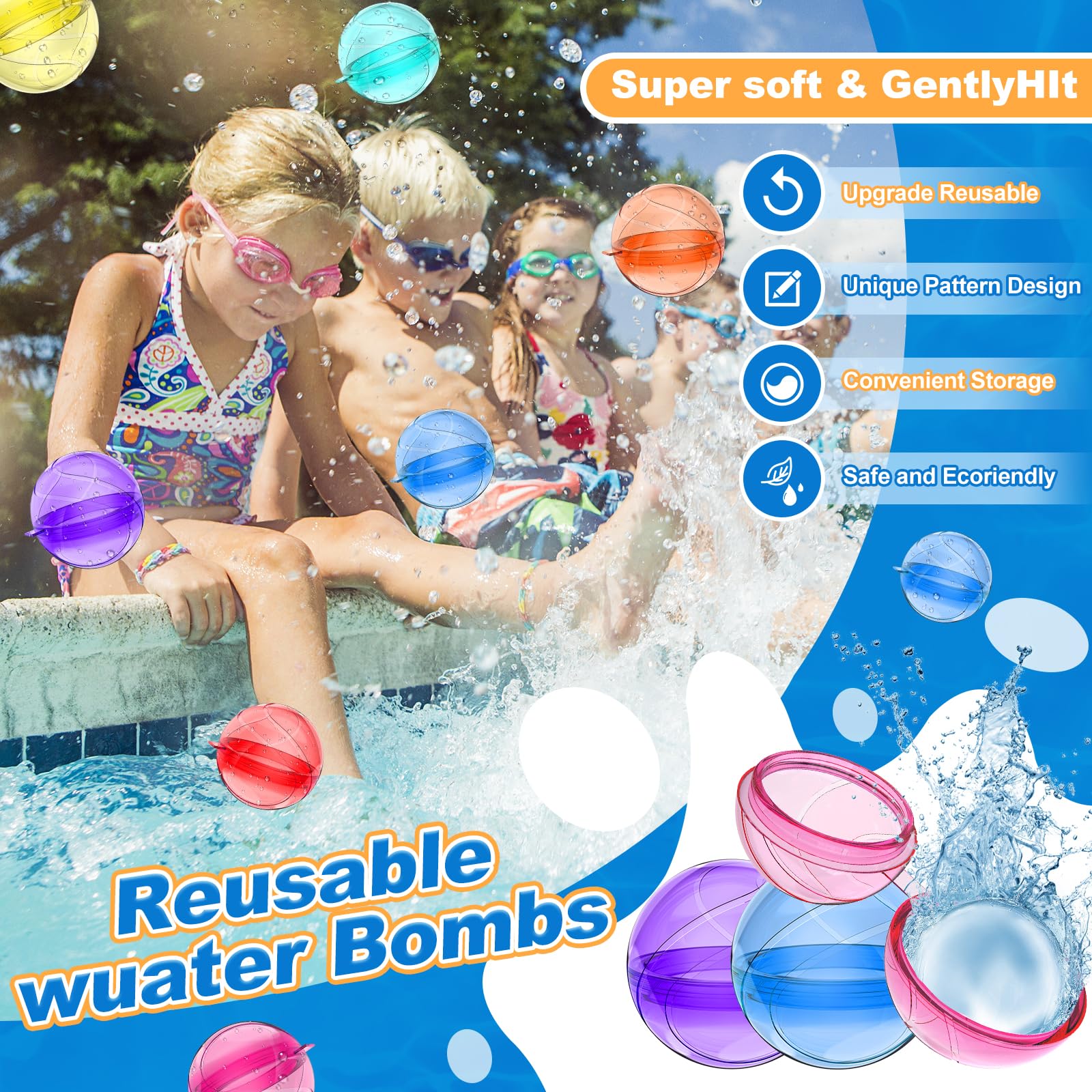 Reusable Water Balloons for Kids Adults Outdoor Activities Self Sealing Quick Fill Water Balloons Silicone Water Bombs with Mesh Bag,8 Pack