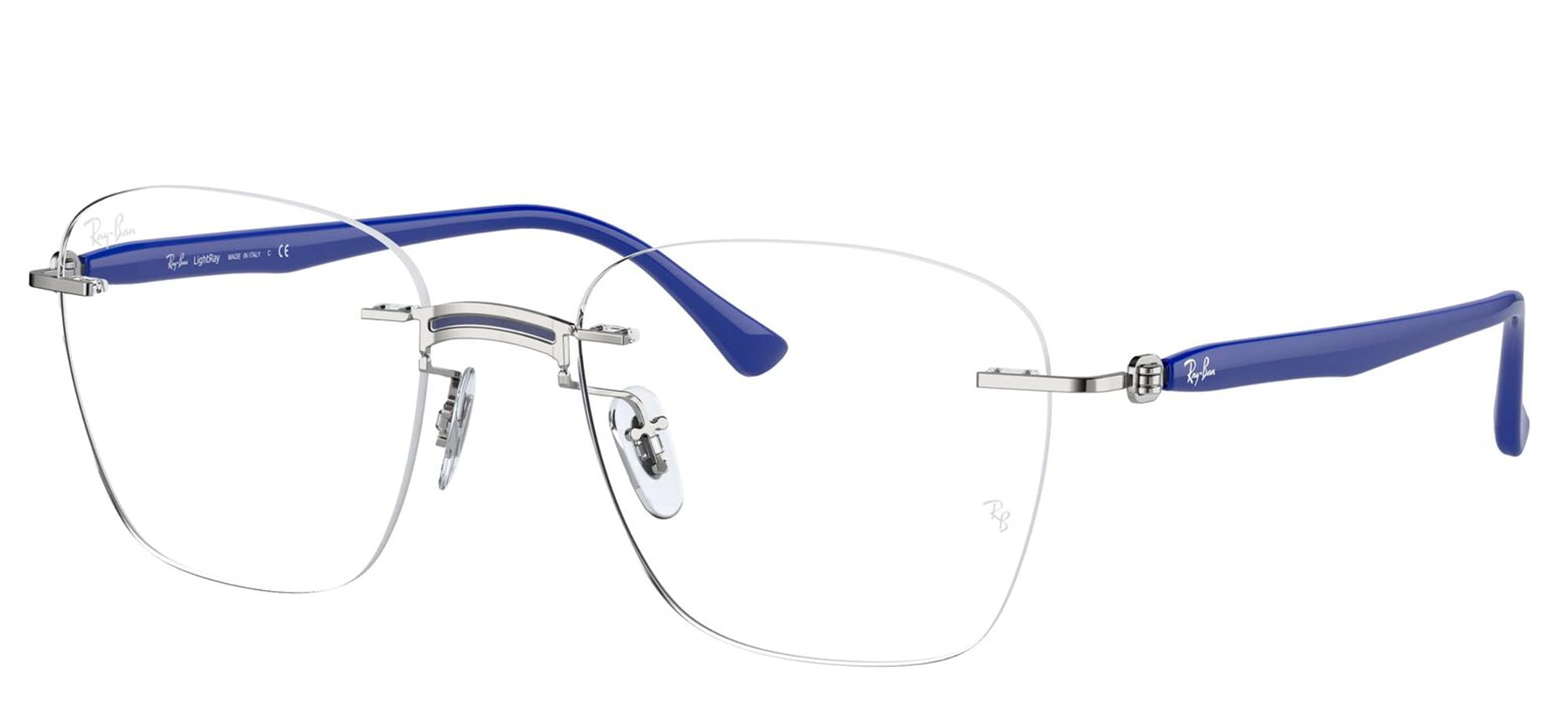 Ray-Ban RX8769 Titanium Square Prescription Eyeglass Frames, Blue On Silver/Demo Lens, 49 mm