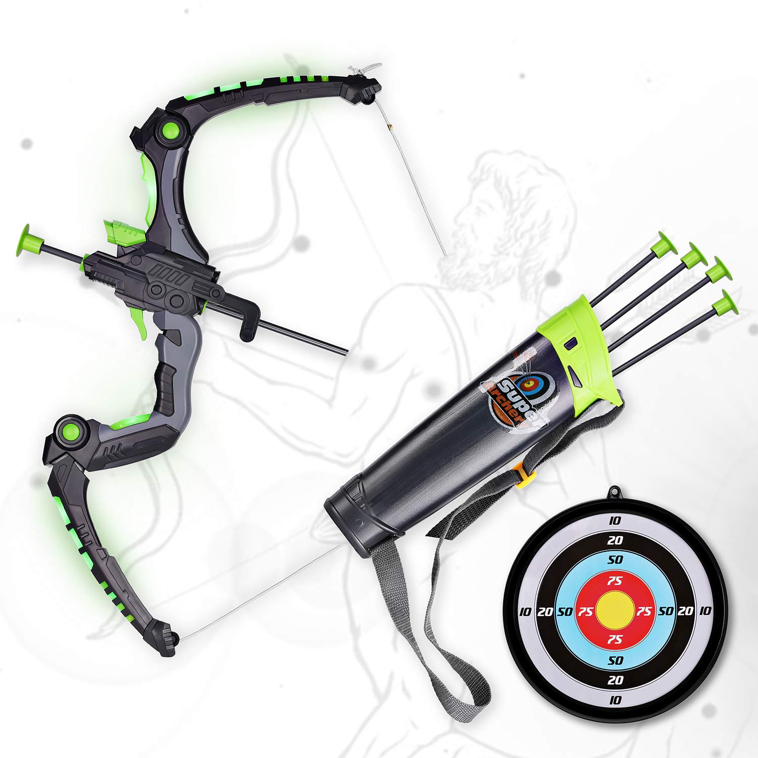SainSmart Jr. Kids Bow and Arrows, Light Up Archery Set for Kids Outdoor Hunting Game with 5 Durable Suction Cup Arrows, Luminous Bow and Sighting Device, Green
