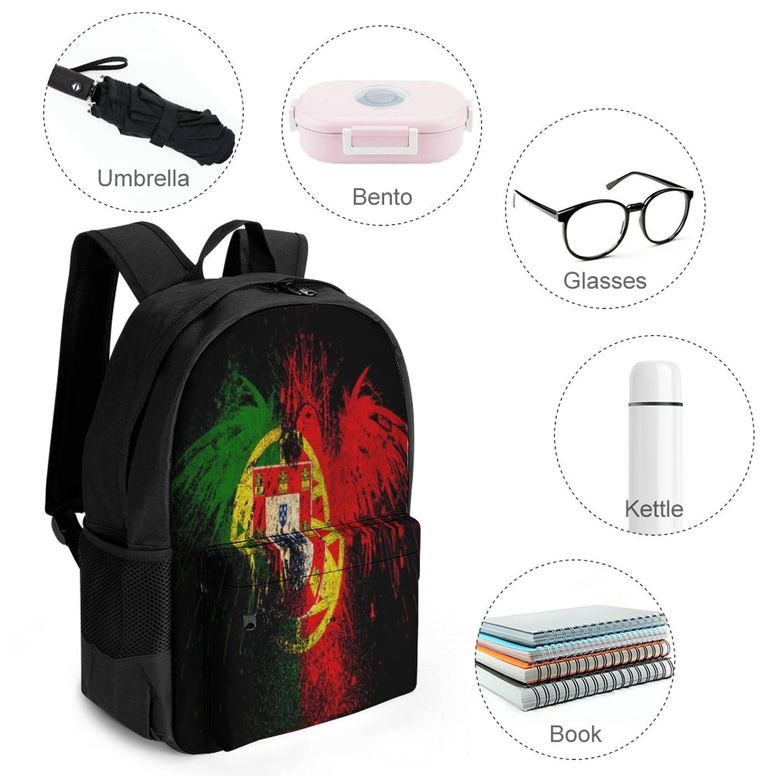 Supdreamc Flag of Portugal Daypack Backpack Durable Polyester Multipurpose Anti-Theft Shoulder Bag Big Capacity Gym Outdoor Hiking Backpack With Smooth Zippers