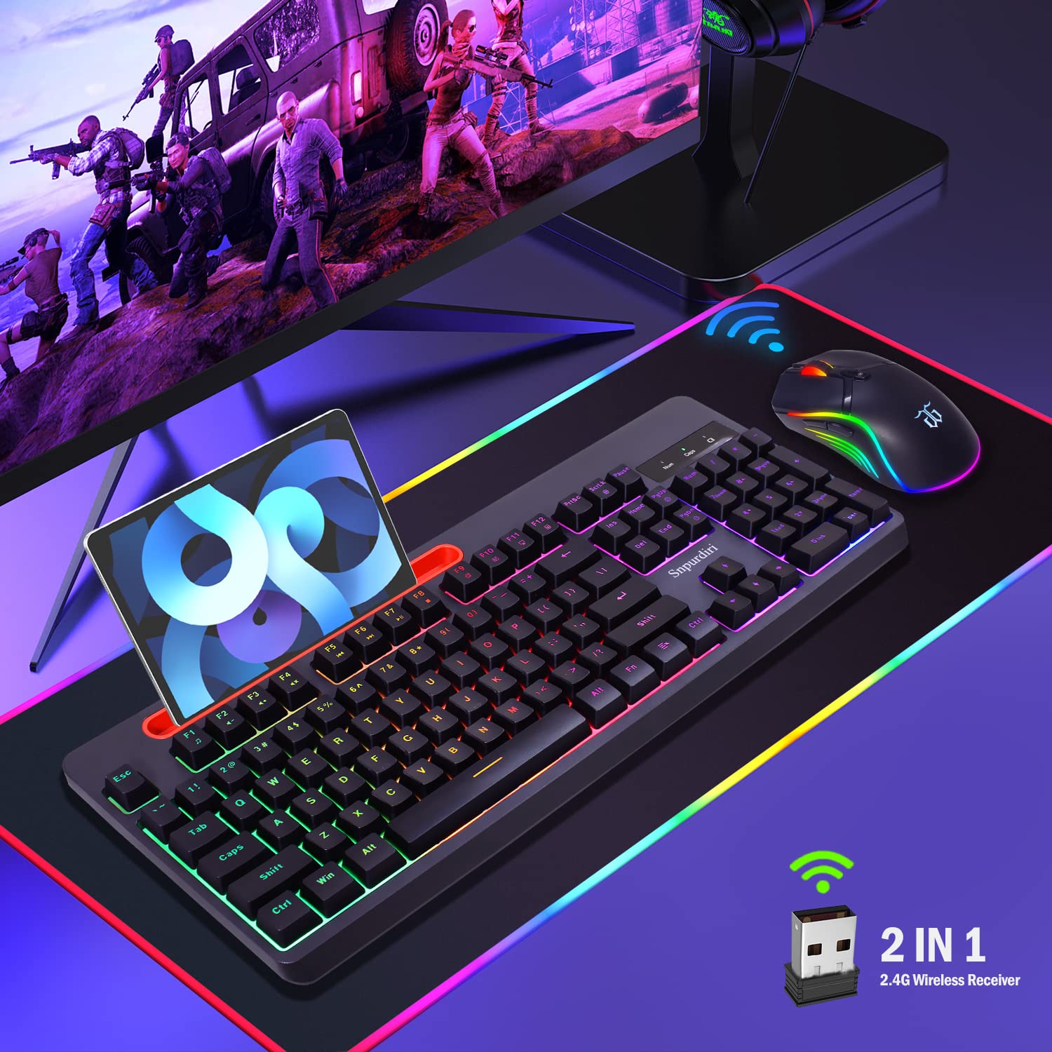 Wireless Gaming Keyboard and Mouse Combo, Snpurdiri Rainbow Backlit Mechanical Feeling Rechargeable Full Size Anti-ghosting Keyboard with Tablet/Phone Bracket, Long Battery Life for PC Gamer