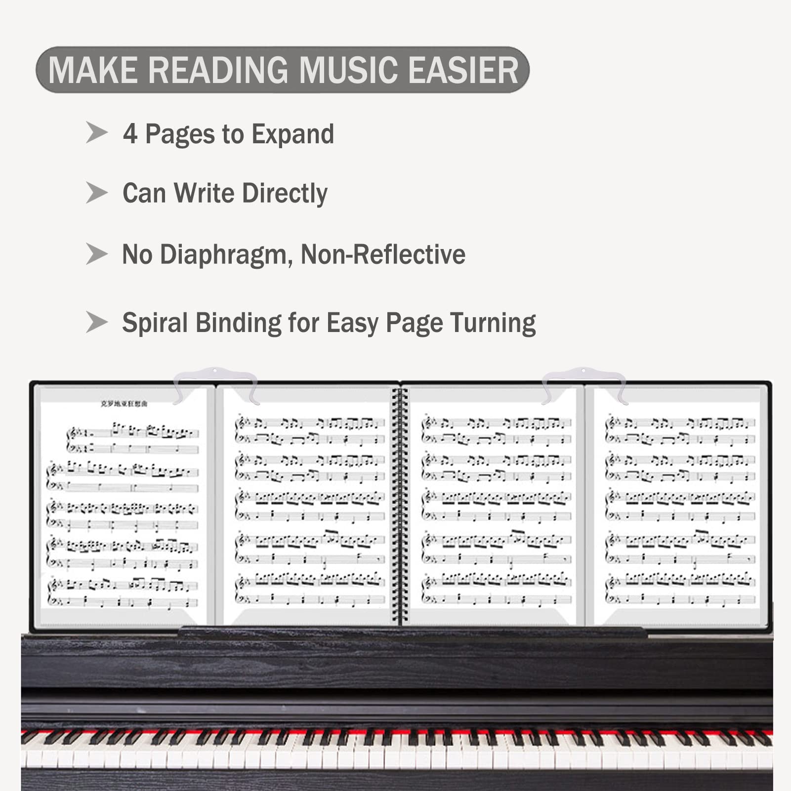XINYUYAN Sheet Music Folder (Black), 4-Page Expansion and Writing Directly on The Pages, A4 Size, Holds 40 Comes with 2 M-Shaped Clips
