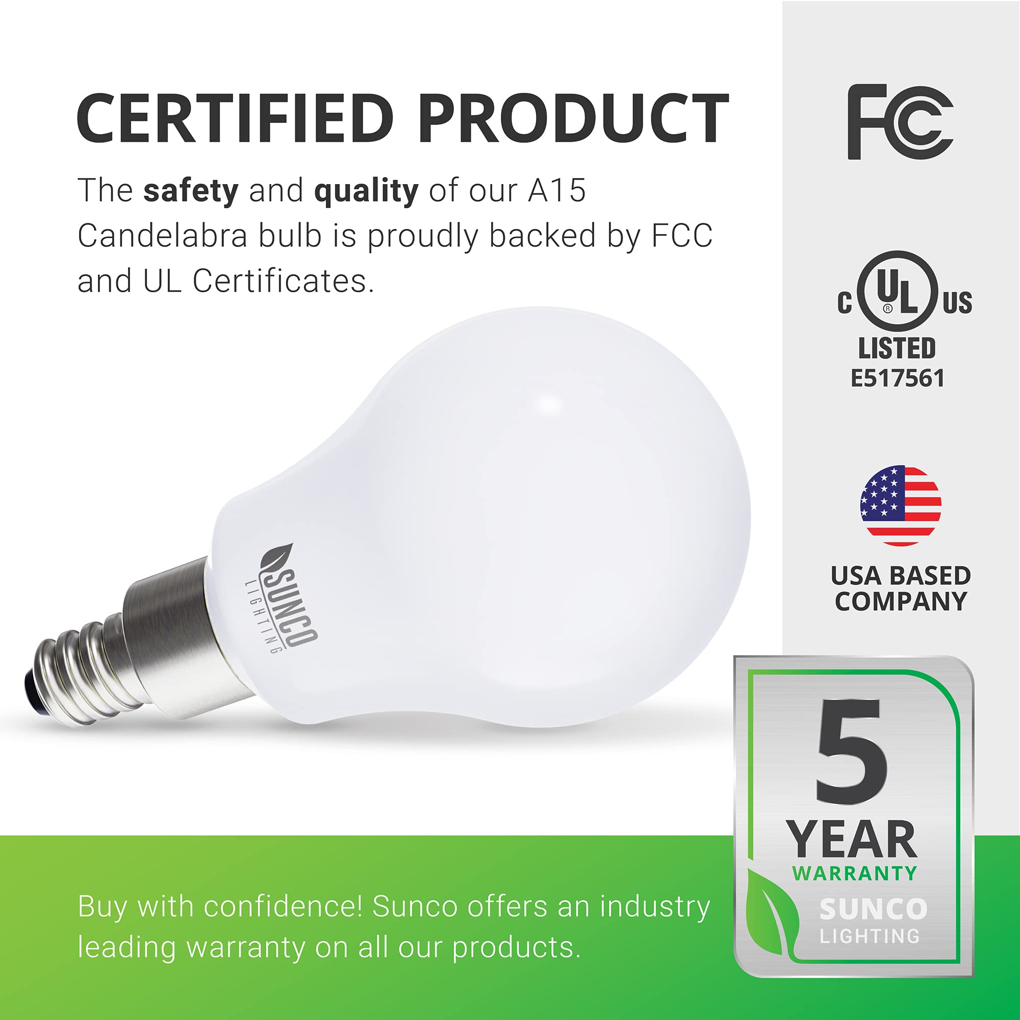 Sunco 10 Pack A15 LED Ceiling Fan Candelabra Light Bulbs E12 Base CRI93 5W Equivalent 40W 3000K Warm White, 450 Lumens, Dimmable Frosted Waterproof Instant On Super Bright Bathroom Indoor Outdoor - UL