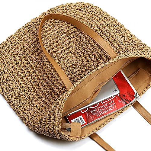Straw Bag Handwoven Summer Beach Shoulder Bag Rattan Crossbody Purse Top Handle Bag Woven Tote for Women Gilrls (Beige)